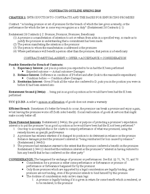 Contracts - Outline - I. FORMATION OF CONTRACTS A binding contract is ...