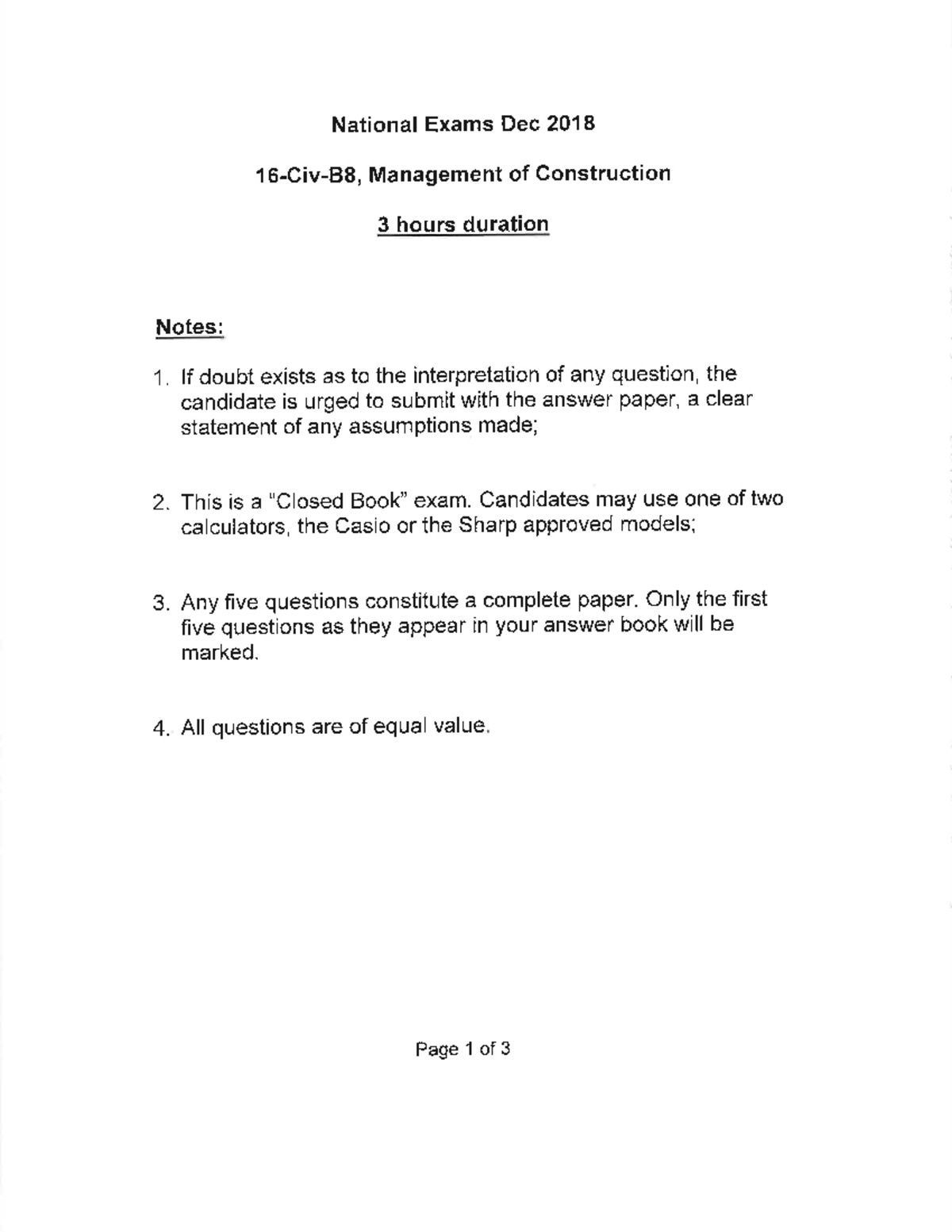 Past exam Questions on Construction Management 2020 - CIV280H1 - U of T ...
