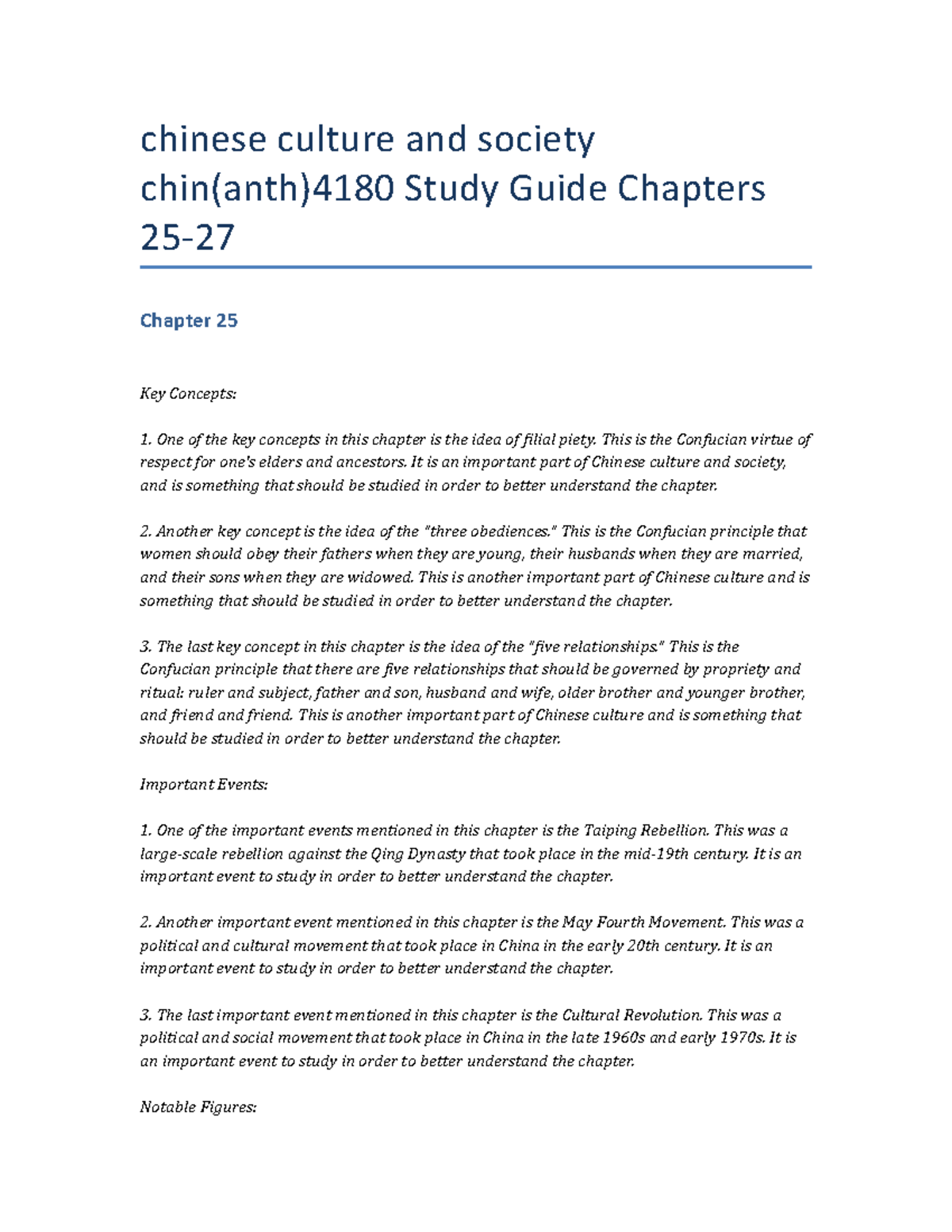 Chinese culture and society chin(anth)4180 Study Guide Chapters 25-27 ...