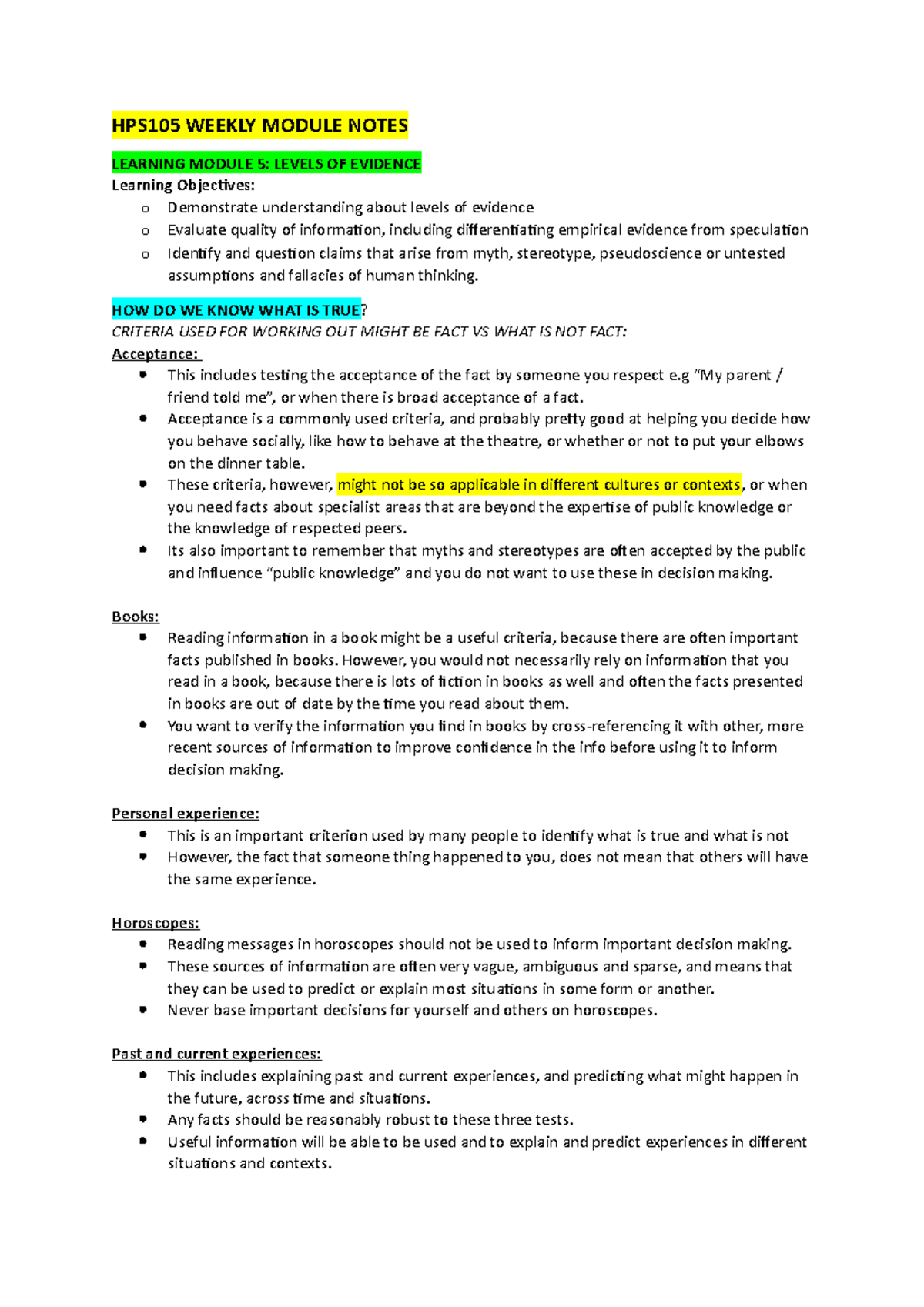 HPS105 Module 5 Notes - HPS105 WEEKLY MODULE NOTES LEARNING MODULE 5 ...