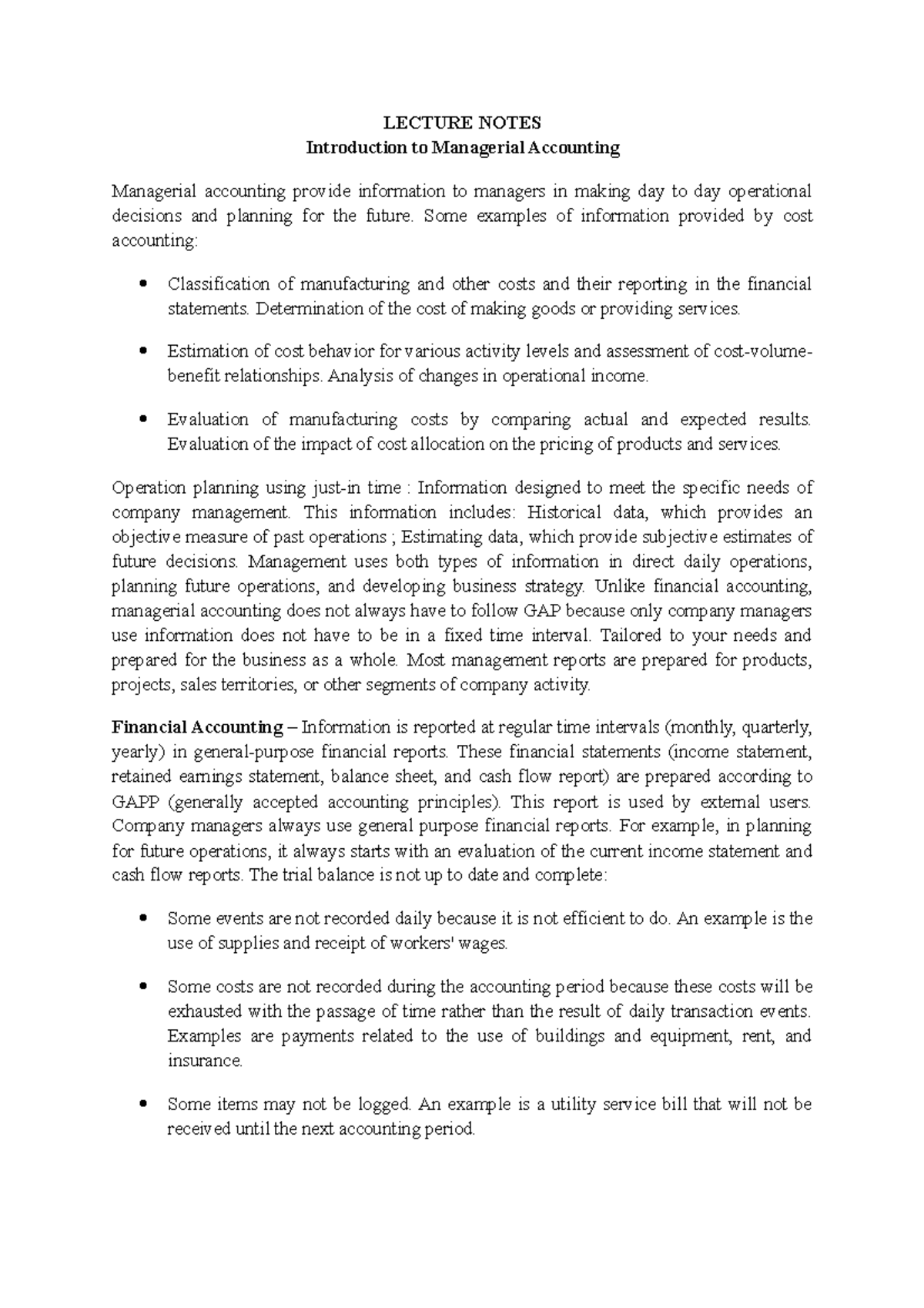 Managerial Accounting Introduction To Managerial Accounting Lecture Notes Introduction To