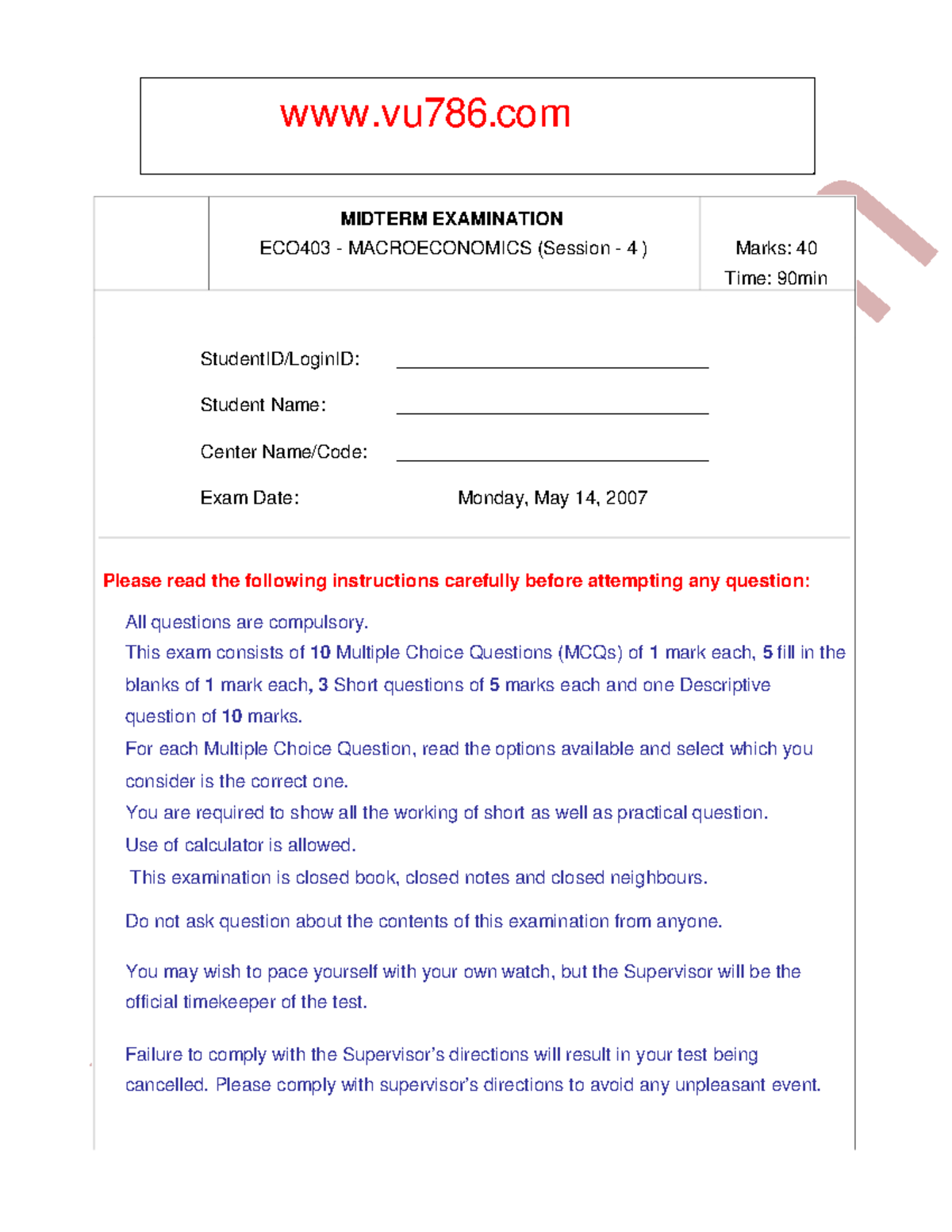 Eco403 mid term 1 www - Past papers - vu786 vu786 MIDTERM EXAMINATION ...