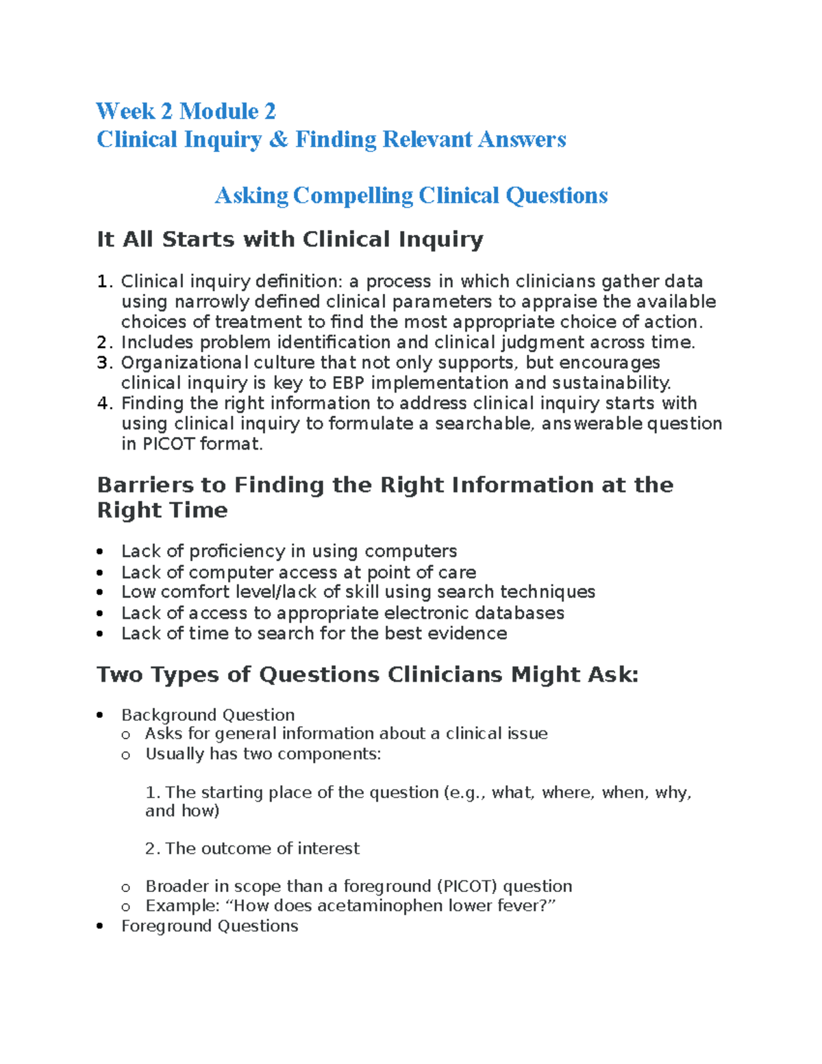 NU604 Week 2 Module 2 - Week 2 Module 2 Clinical Inquiry & Finding ...