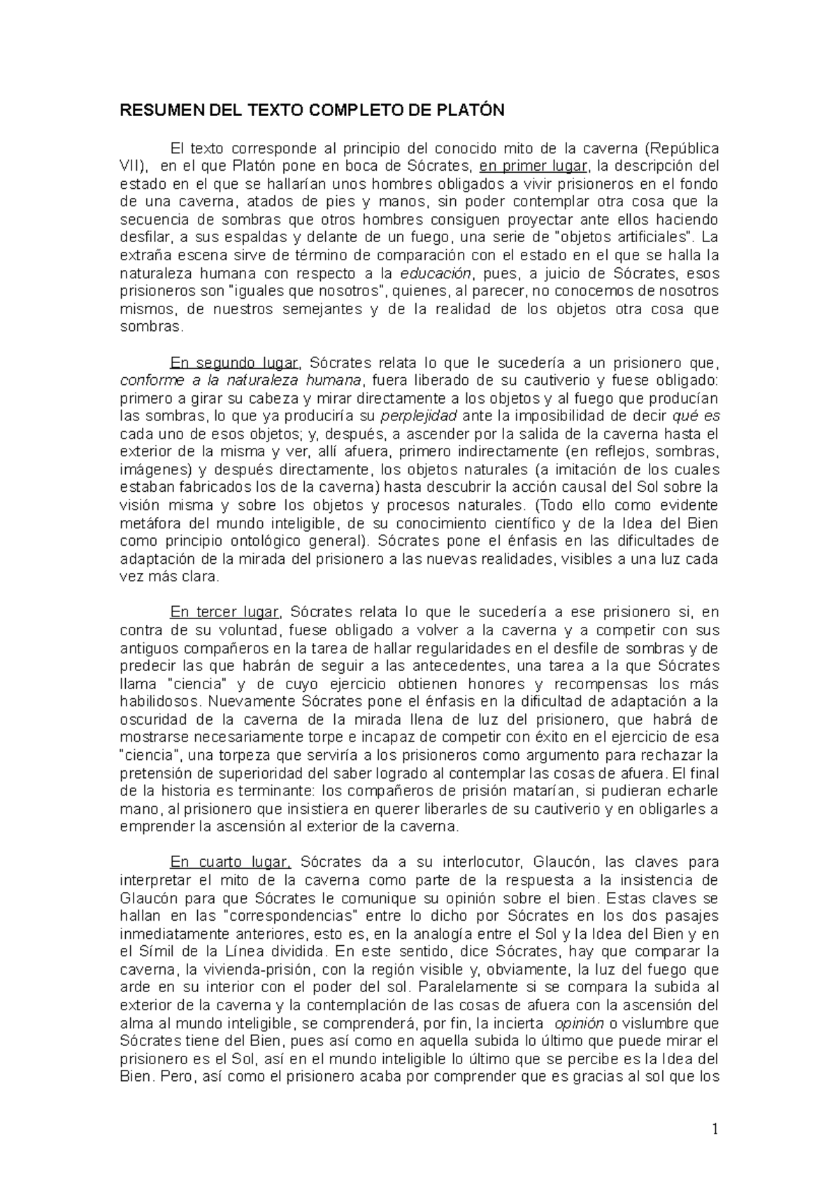 Platon PARA Selectividad resumido - RESUMEN DEL TEXTO COMPLETO DE ...