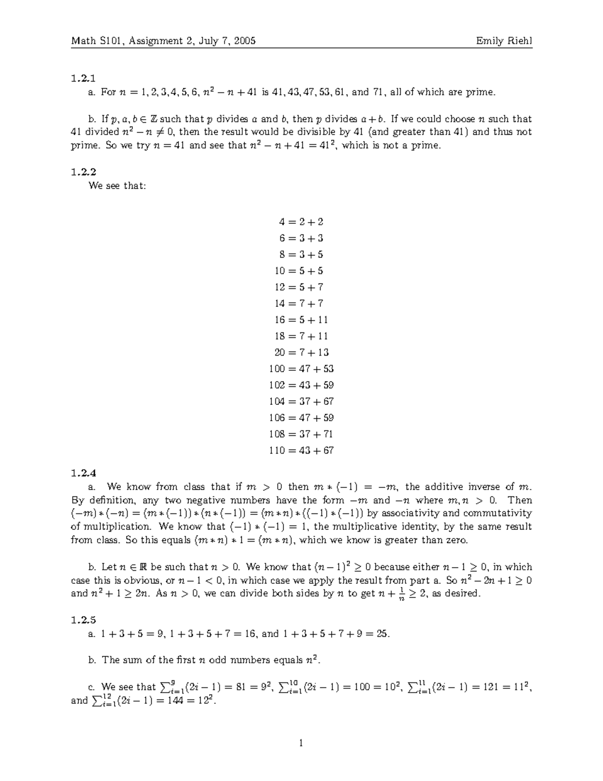 HW2 - maths assignment - 1. a. For n = 1, 2 , 3 , 4 , 5 , 6, n 2 − n ...