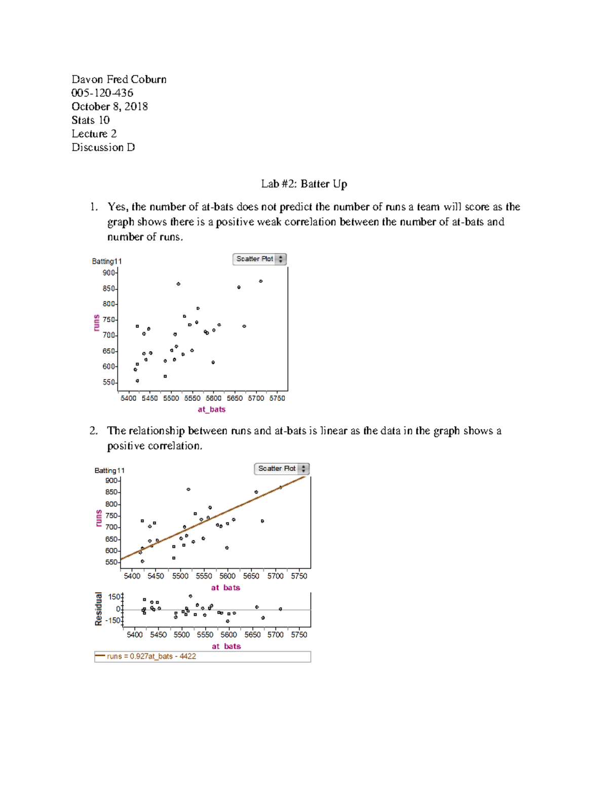 Lab 2 Batter Up - Prof. Wu - Davon Fred Coburn 005-120- October 8, 2018 ...