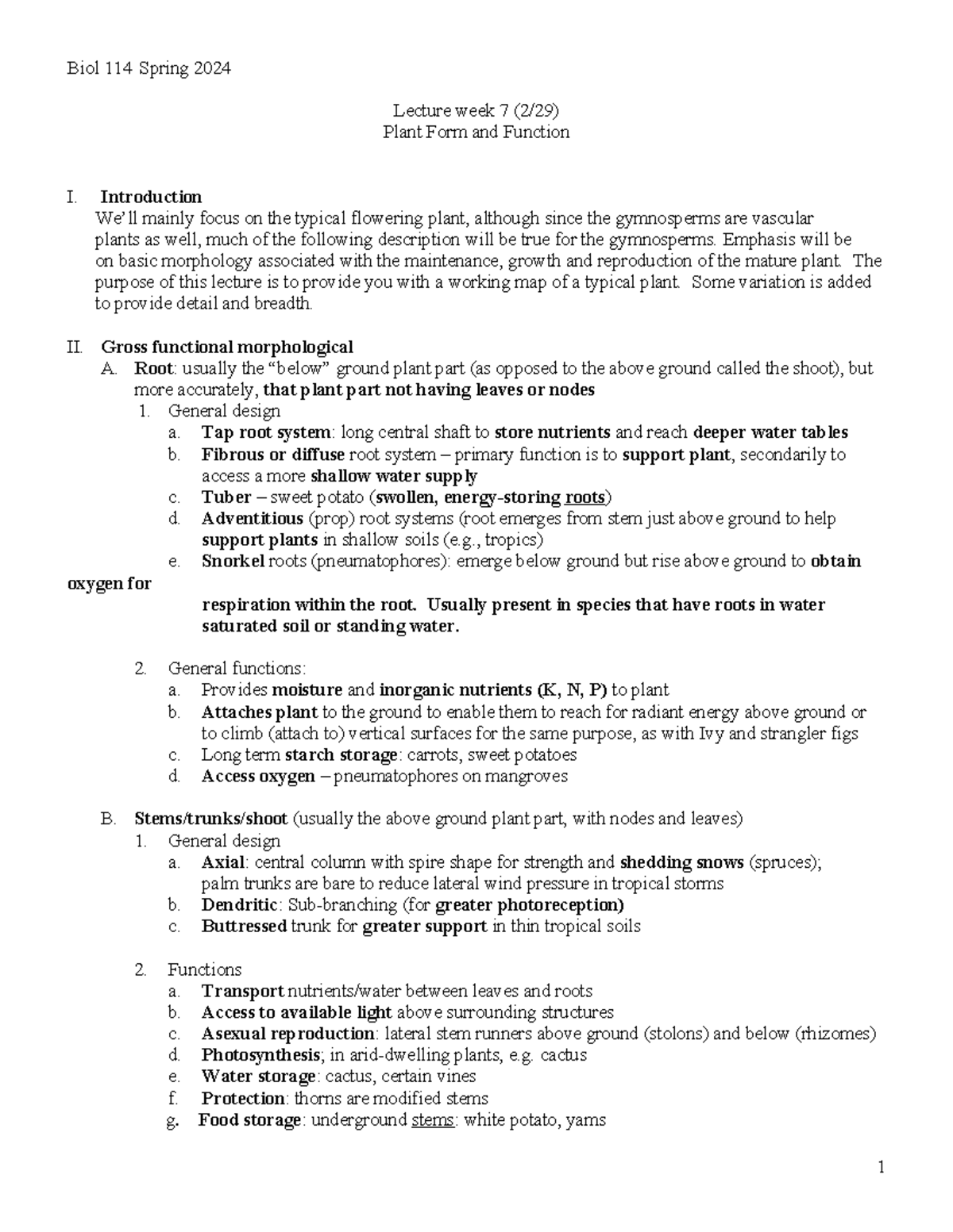 Lecture week 7 (2-29) - Notes Plant Form and Function - Biol 114 Spring ...
