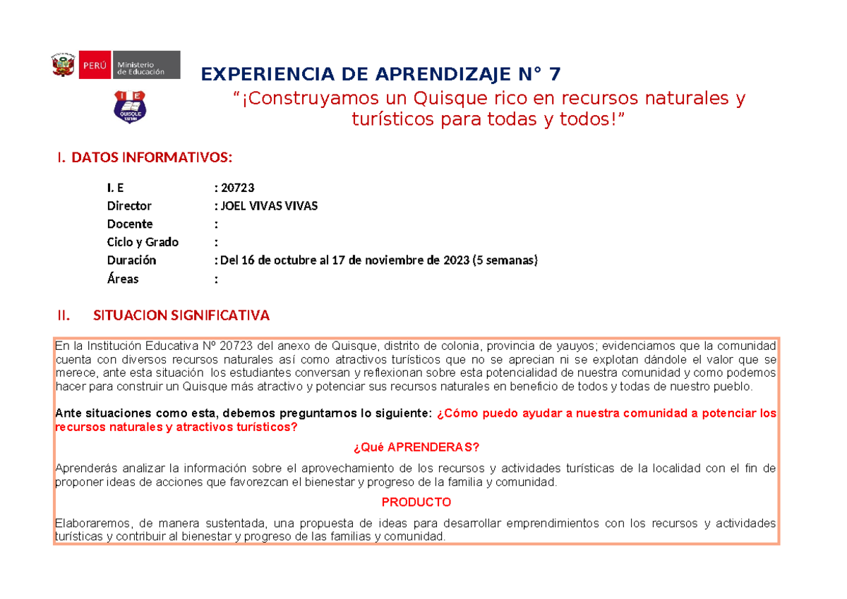 Ejemplo de Experiencia DE Aprendizaje N° 7 - EXPERIENCIA DE APRENDIZAJE N° 7 “¡Construyamos un ...