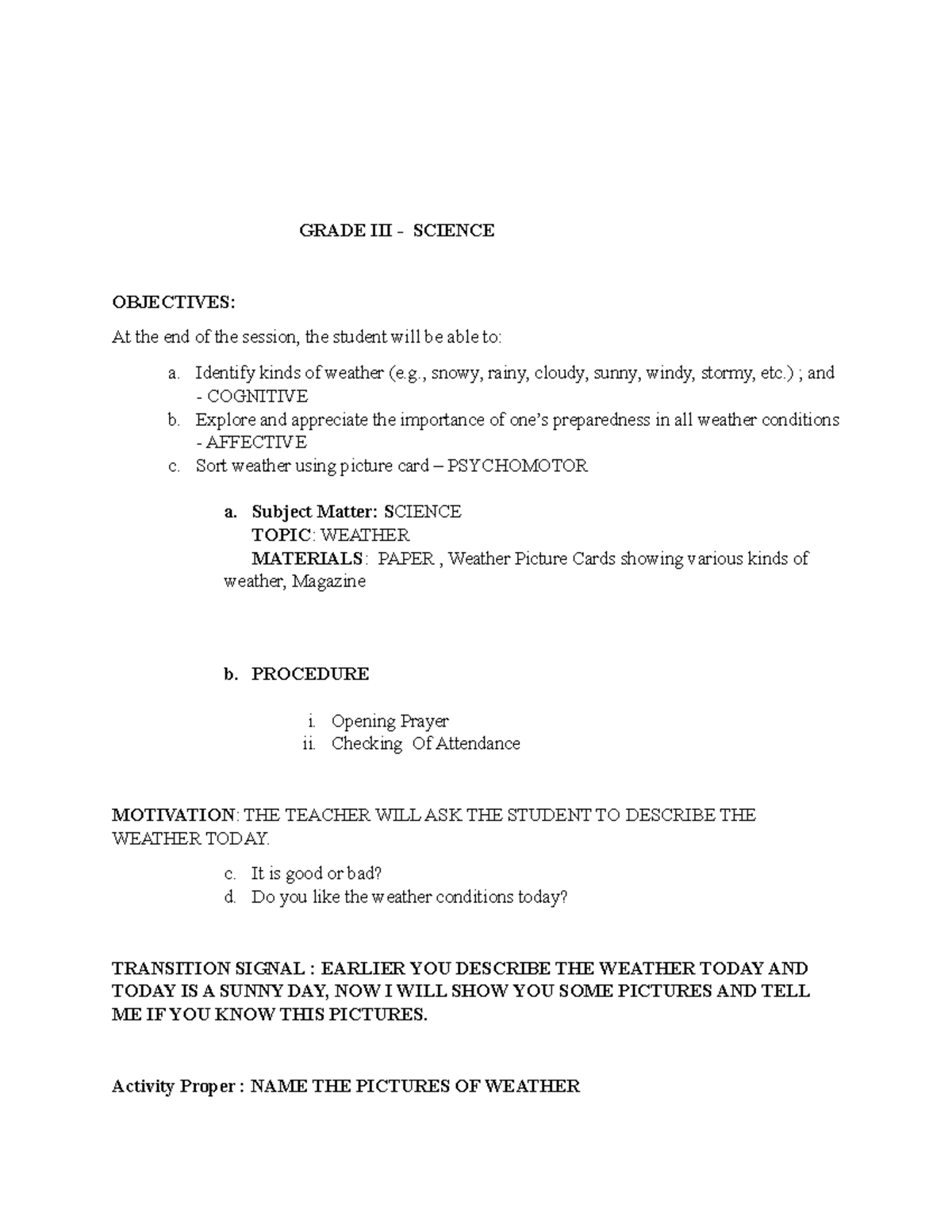 LP-LAST - an sah - GRADE III - SCIENCE OBJECTIVES: At the end of the ...