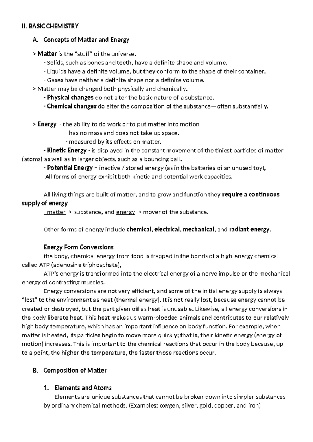 Lesson 2 print - II. BASIC CHEMISTRY A. Concepts of Matter and Energy ...