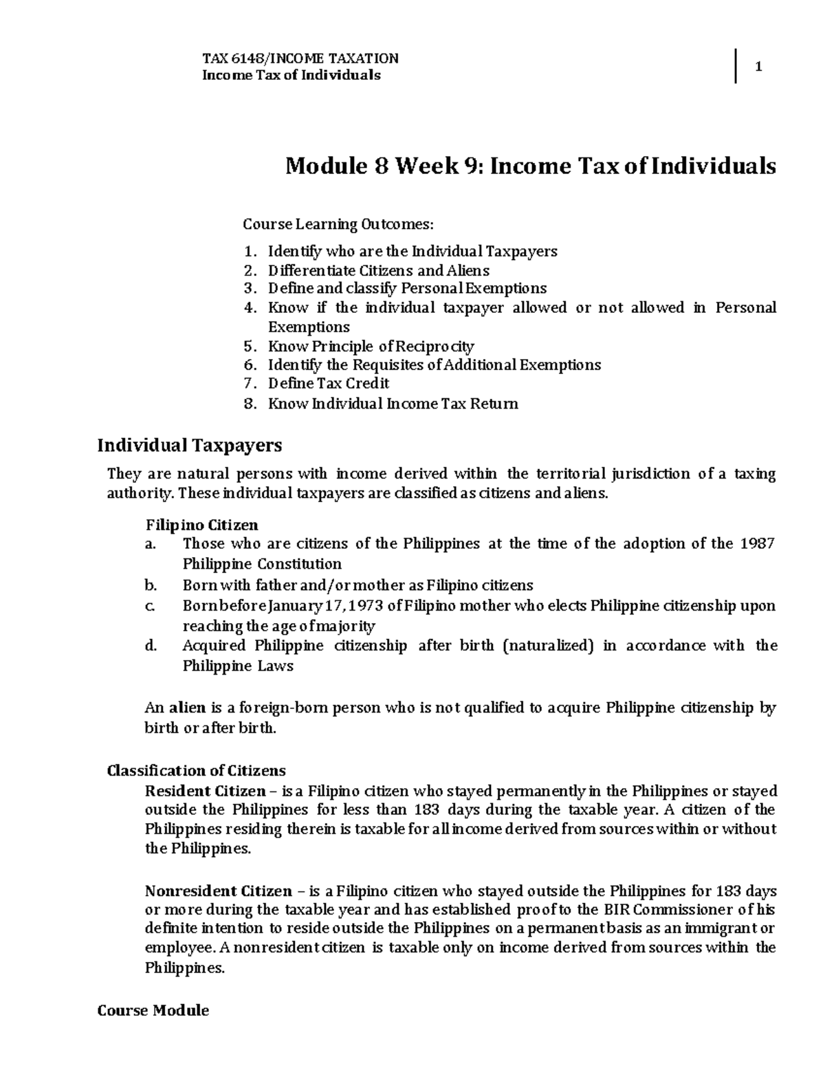 W9 Module 8-Income Tax of Individuals - TAX 6148/INCOME TAXATION Income ...