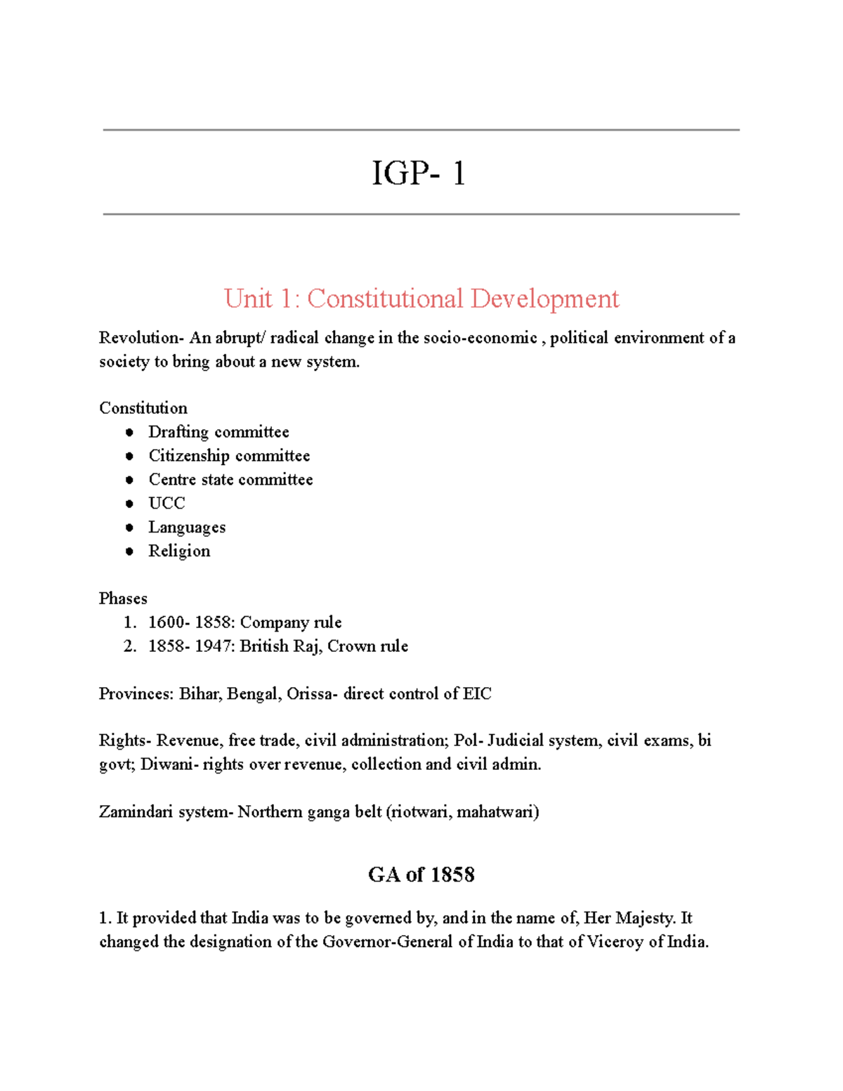 IGP- 1 notes - IGP- 1 Unit 1: Constitutional Development Revolution- An ...