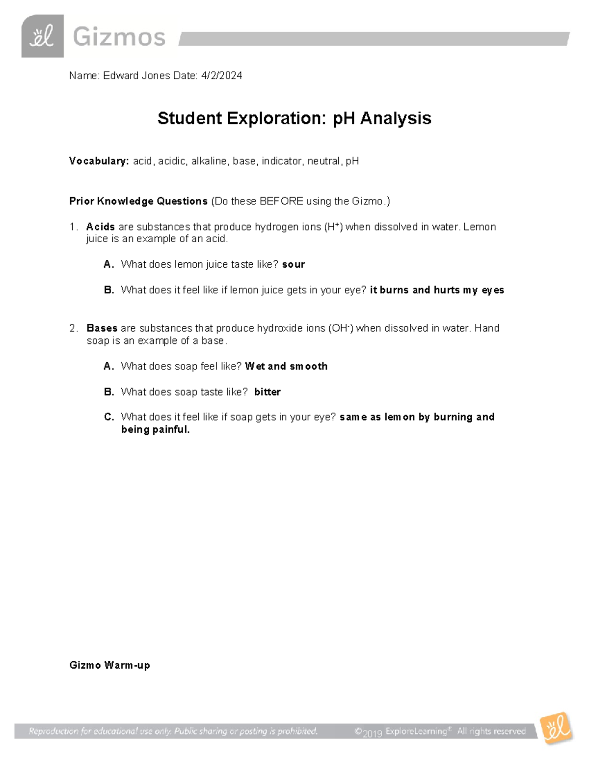 P H Analysis Worksheet Gizmo - Name: Edward Jones Date: 4/2/ Student ...
