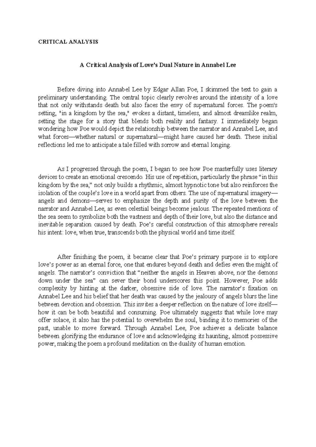 Critical analysis of annabel lee - CRITICAL ANALYSIS A Critical ...