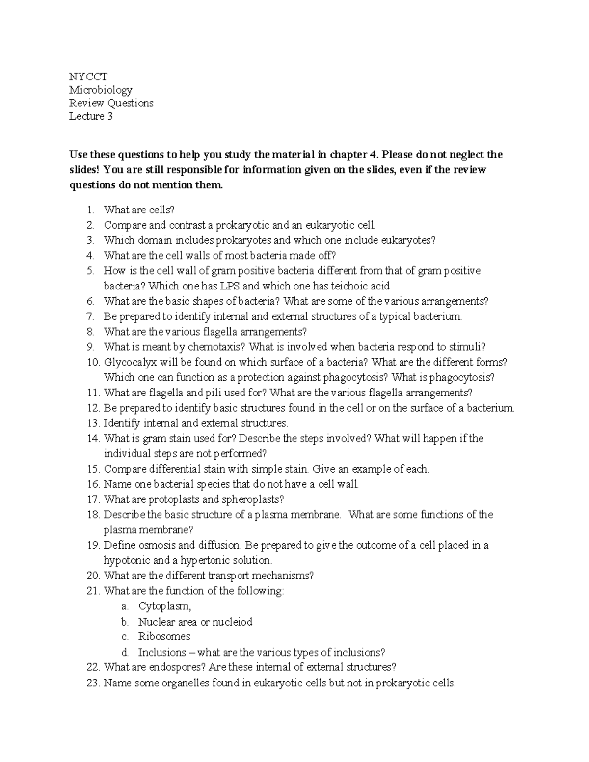 Microbiology lecture review questions chapter 3 MK fall 2016 - NYCCT ...