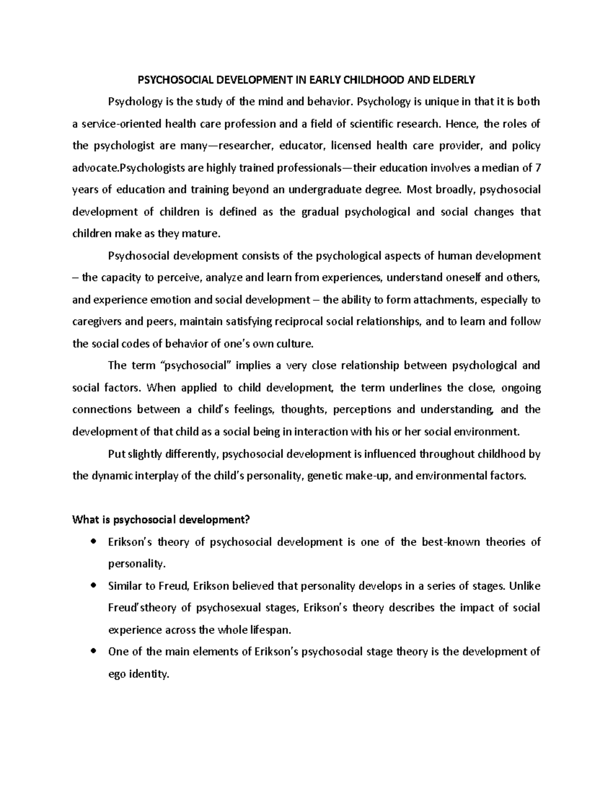 Psychosocial Development In Early Childhood and Elderly - PSYCHOSOCIAL ...