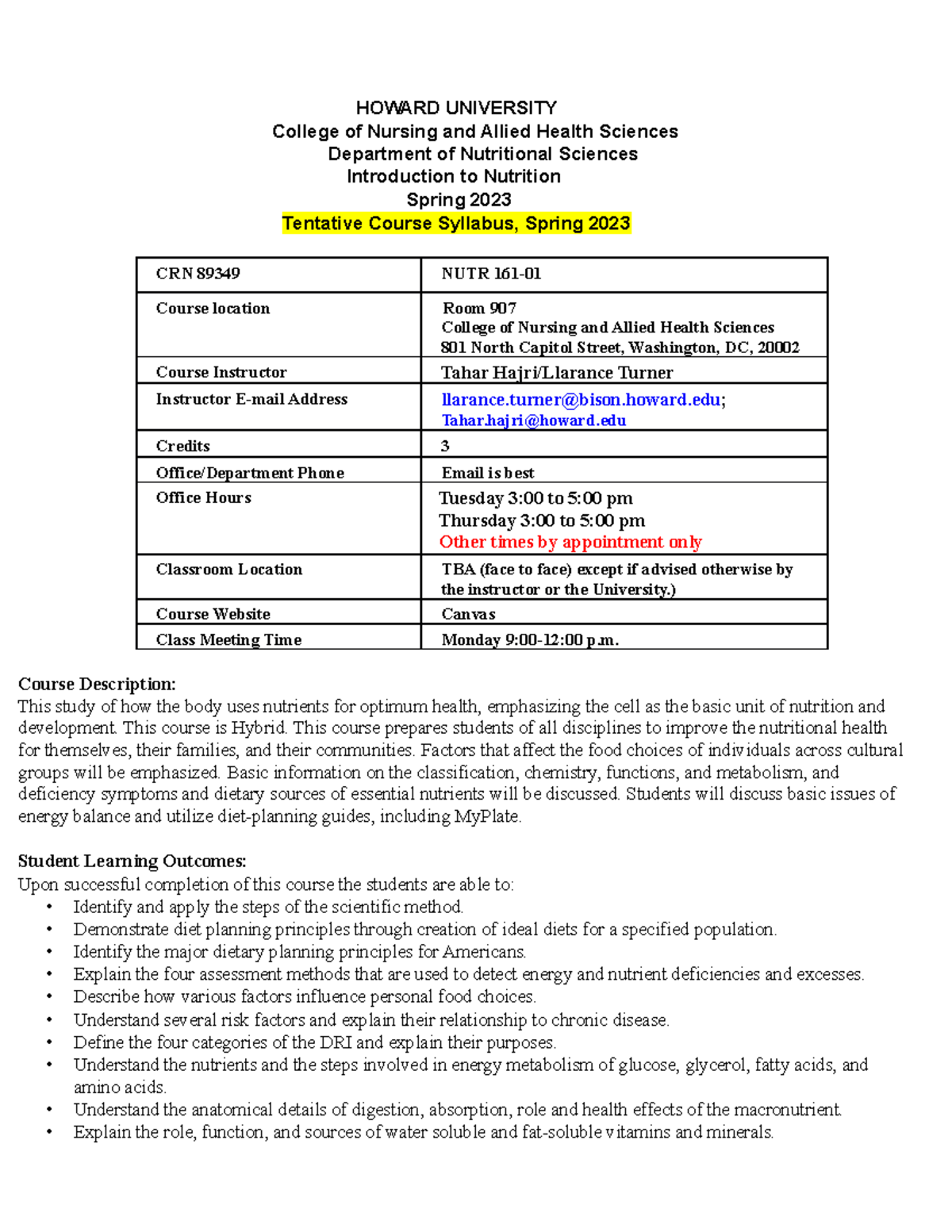 NUTR 161-01 Syllabus 2023 - HOWARD UNIVERSITY College of Nursing and ...