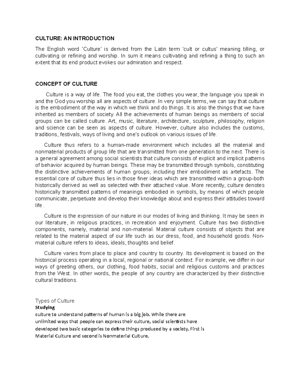 Culture - CULTURE: AN INTRODUCTION The English word ‘Culture’ is ...