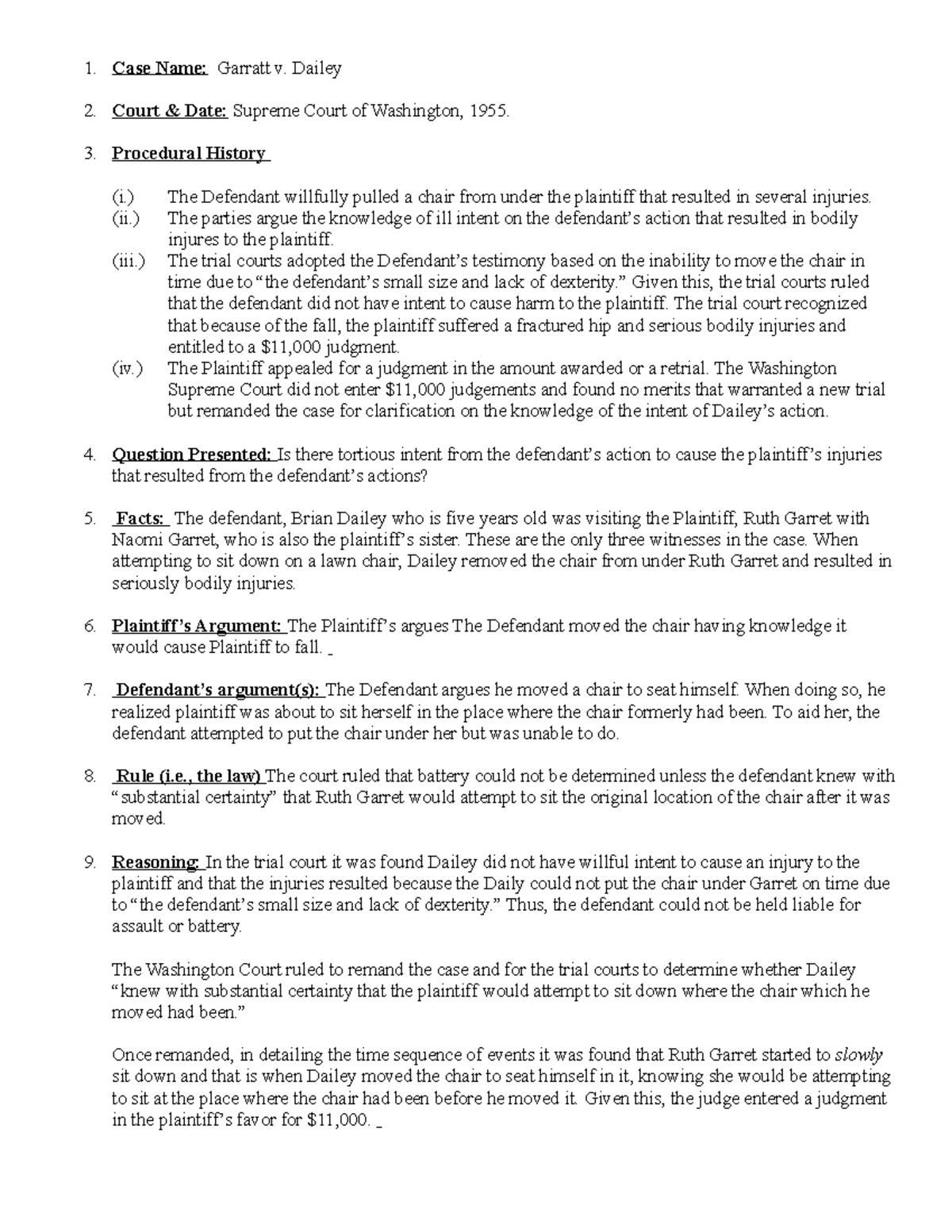 Garratt v. Dailey - Case Brief - Case Name: Garratt v. Dailey Court ...