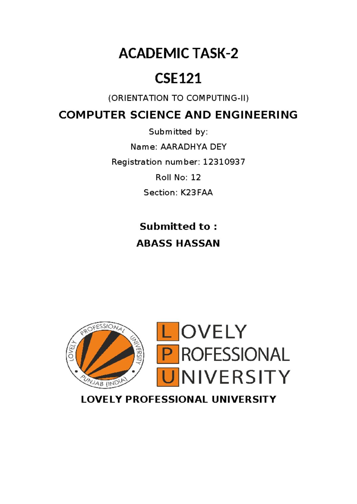 CA2 CSE121 - ACADEMIC TASK- CSE (ORIENTATION TO COMPUTING-II) COMPUTER SCIENCE AND ENGINEERING ...