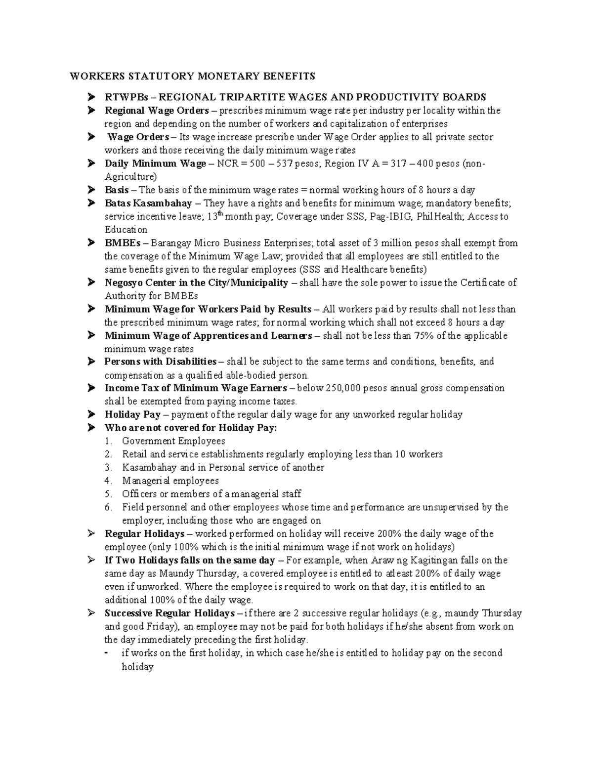 Workers Statutory Monetary Benefits - WORKERS STATUTORY MONETARY ...