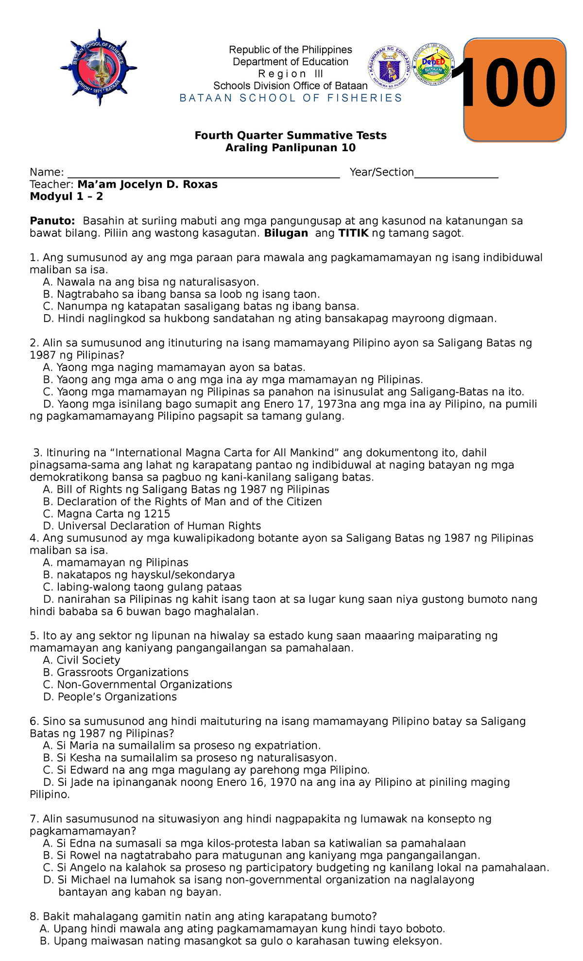 4thqt-PT AP10 - practice notes - Republic of the Philippines Department ...