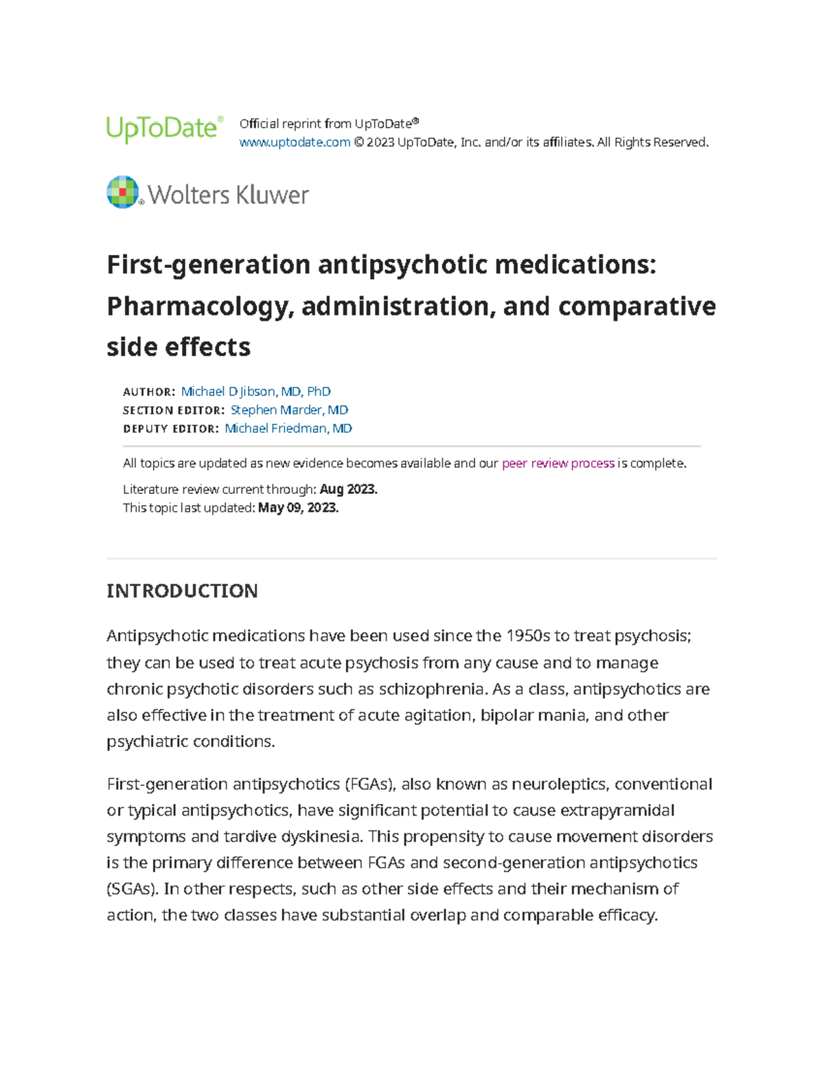 Upt To Date First-generation antipsychotic medications: Pharmacology ...