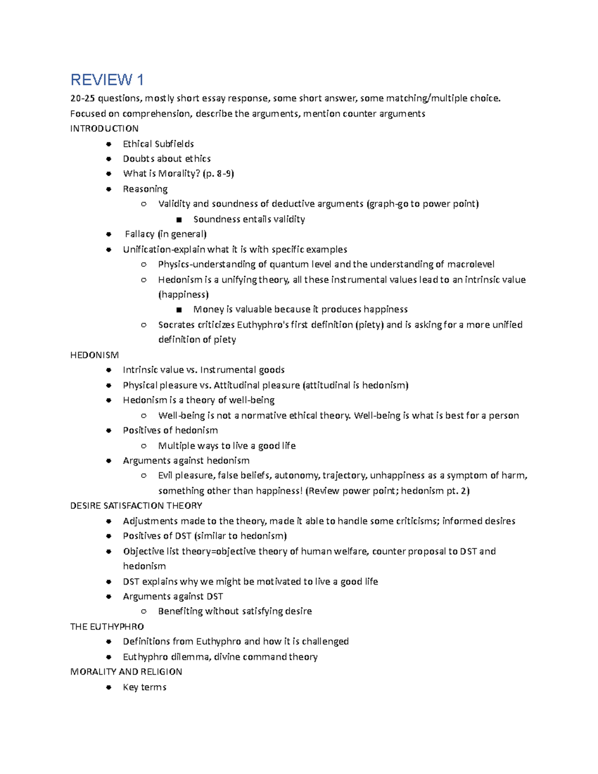 Exam 1 Review - REVIEW 1 20-25 questions, mostly short essay response ...