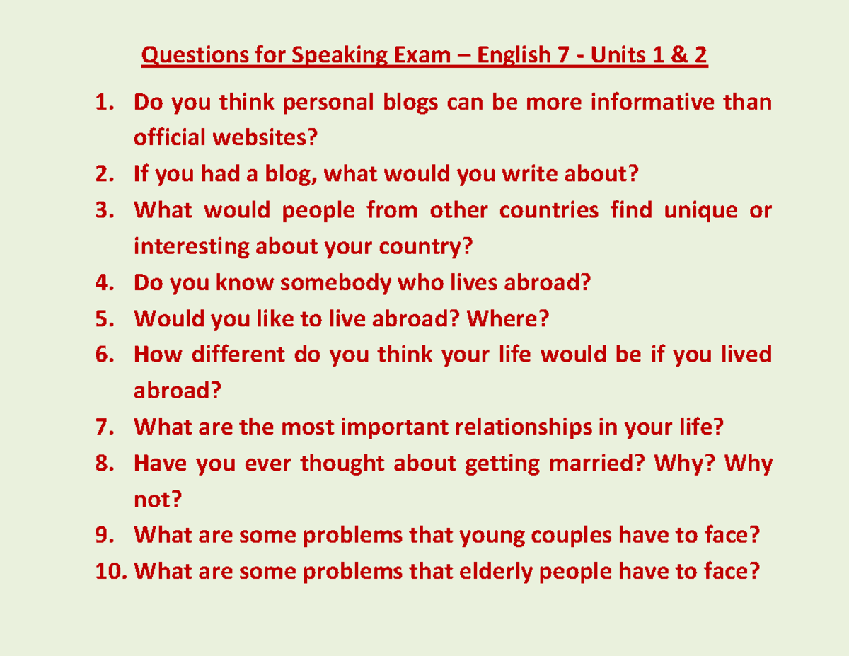 Questions for Speaking Exam English 7 - Questions for Speaking Exam ...
