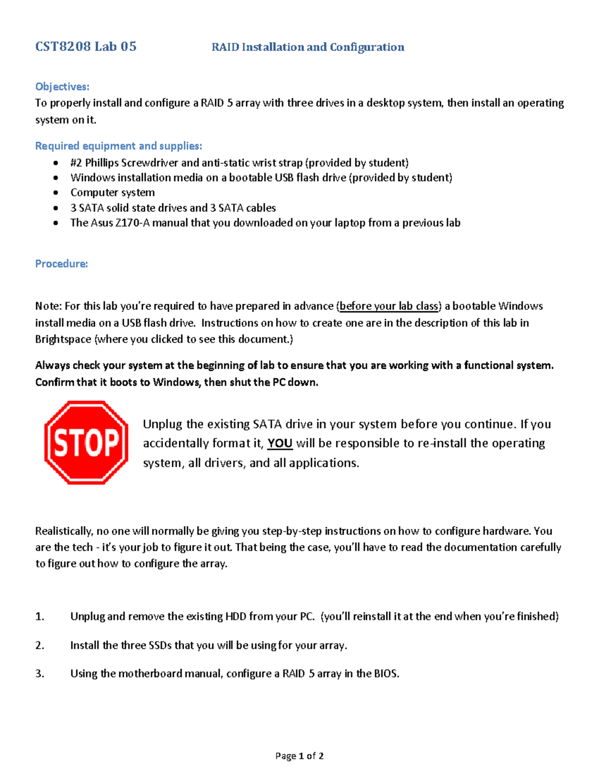 CST8208 Lab05 S24 RAIDv 2 - CST8208 Lab 05 RAID Installation and Configuration Page 1 of 2 - Studocu