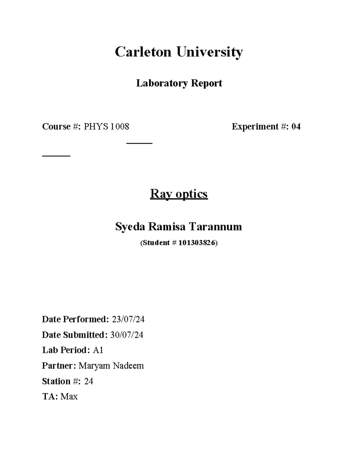 Ray Optics Report Template - Carleton University Laboratory Report ...