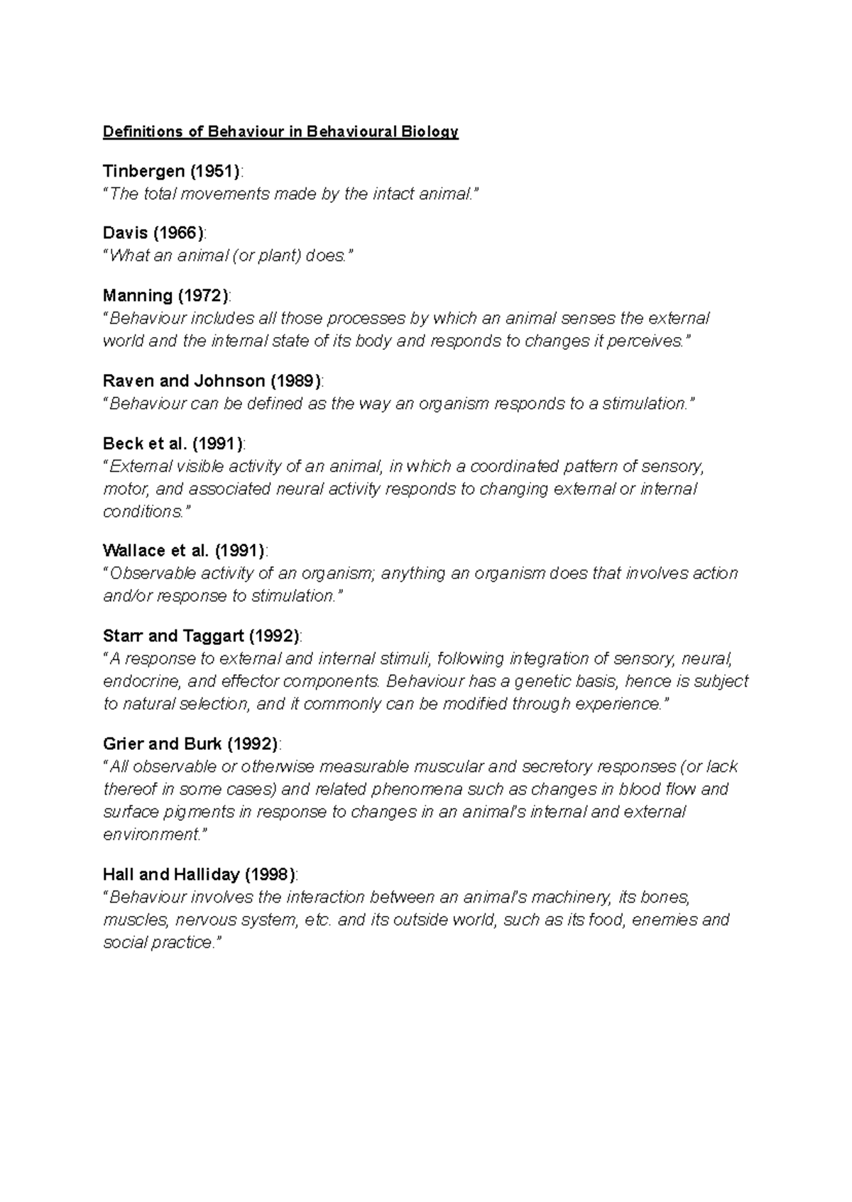 ANSC*3090 Lectures 10-15 Harlander - Definitions of Behaviour in Behavioural Biology Tinbergen ...