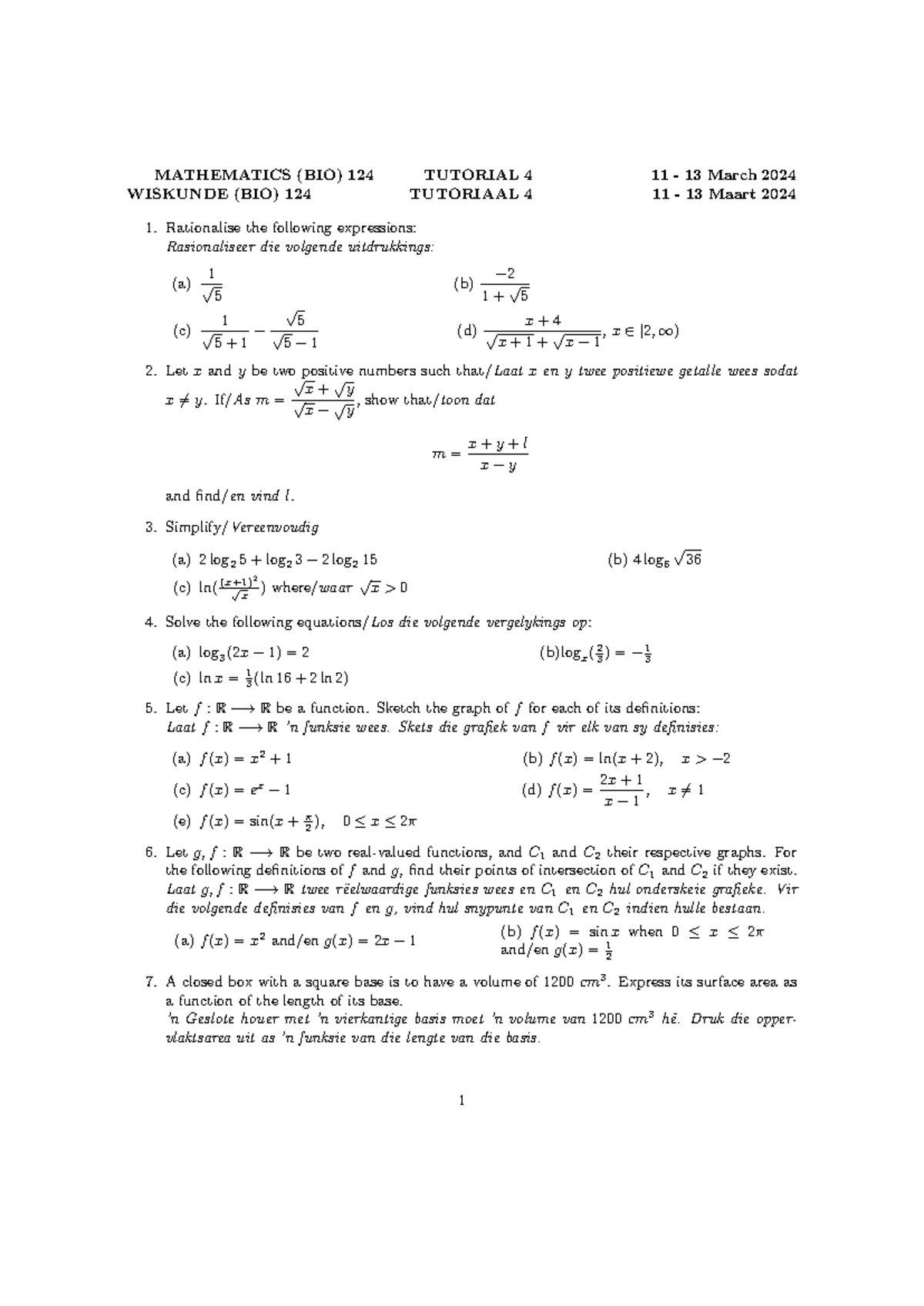 Tut 4 (week 5) - 100% pass - MATHEMATICS (BIO) 124 TUTORIAL 4 11 - 13 ...