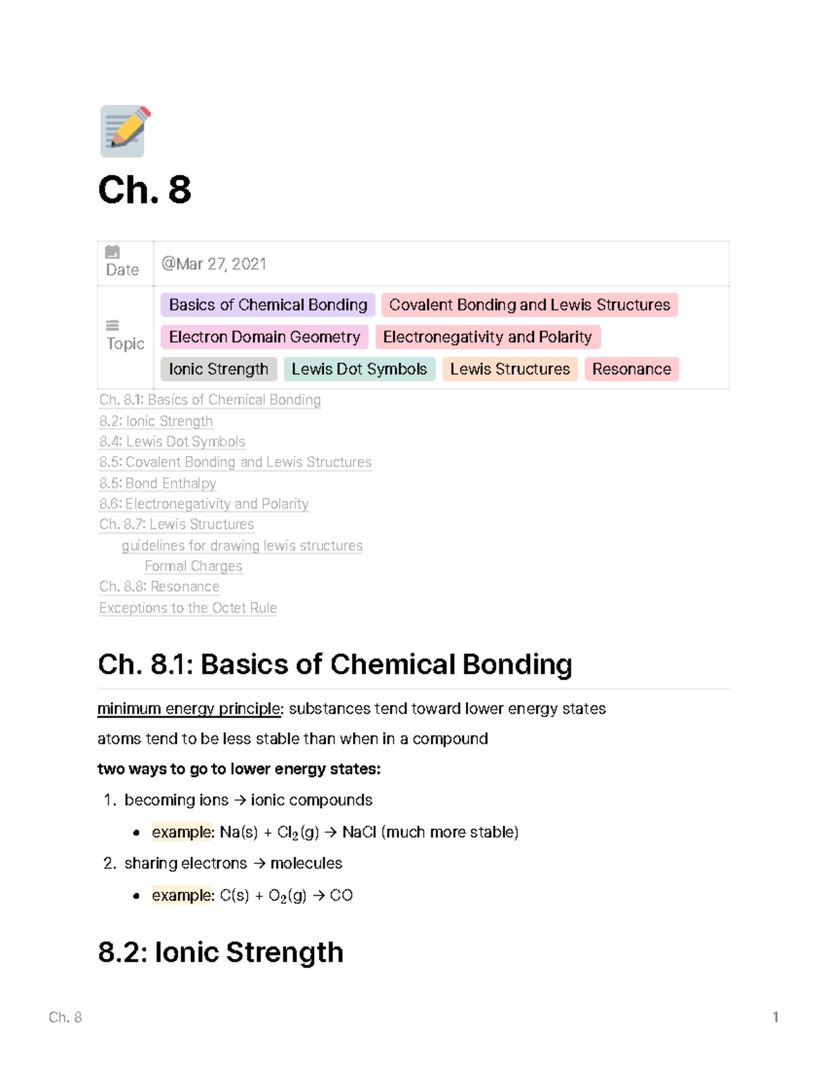 Lecture Notes - Ch. 8 - 📝 Ch. 8 Date Topic Basics of Chemical Bonding ...