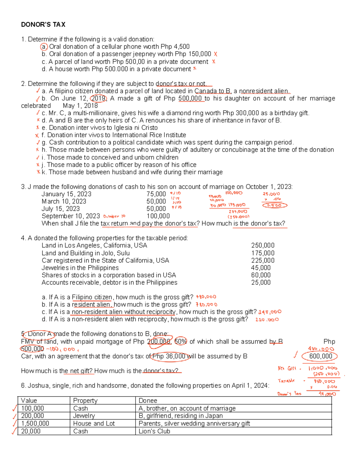 Donors-Tax - Practice Problems - DONOR’S TAX Determine if the following ...