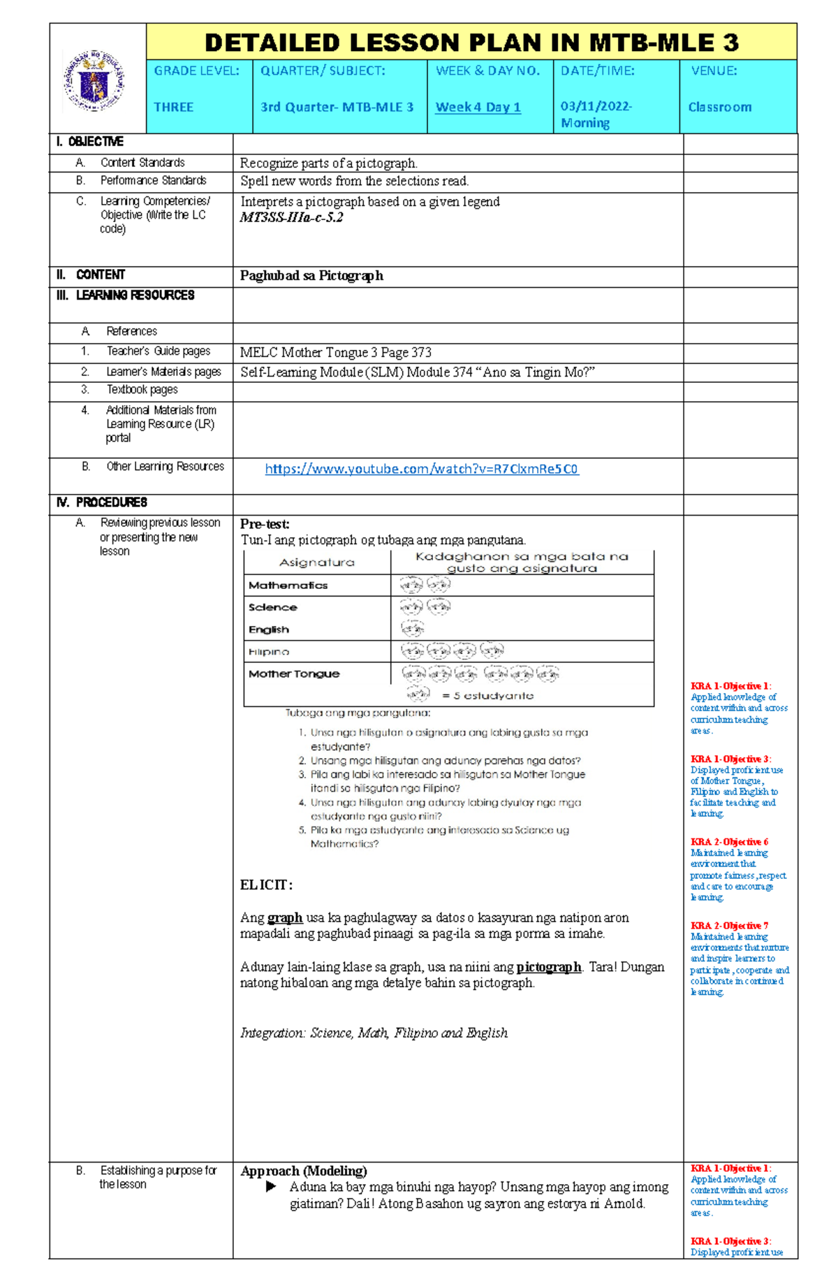 Ilide - pdf - DETAILED LESSON PLAN IN MTB-MLE 3 GRADE LEVEL: THREE QUARTER/ SUBJECT: 3rd Quarter ...