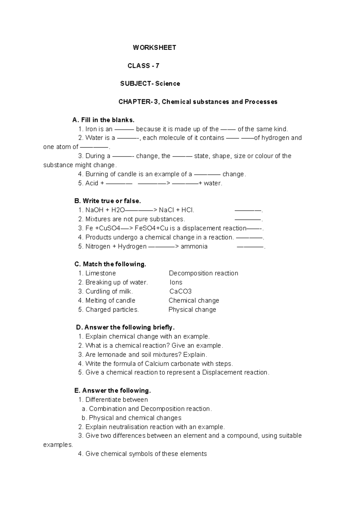 Class 7, Chemical Substances and Processes - WORKSHEET CLASS - 7 ...