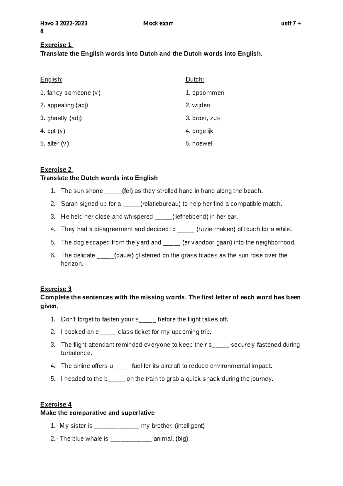 Year3 mock exam unit 7+8 - 8 Exercise 1 Translate the English words ...