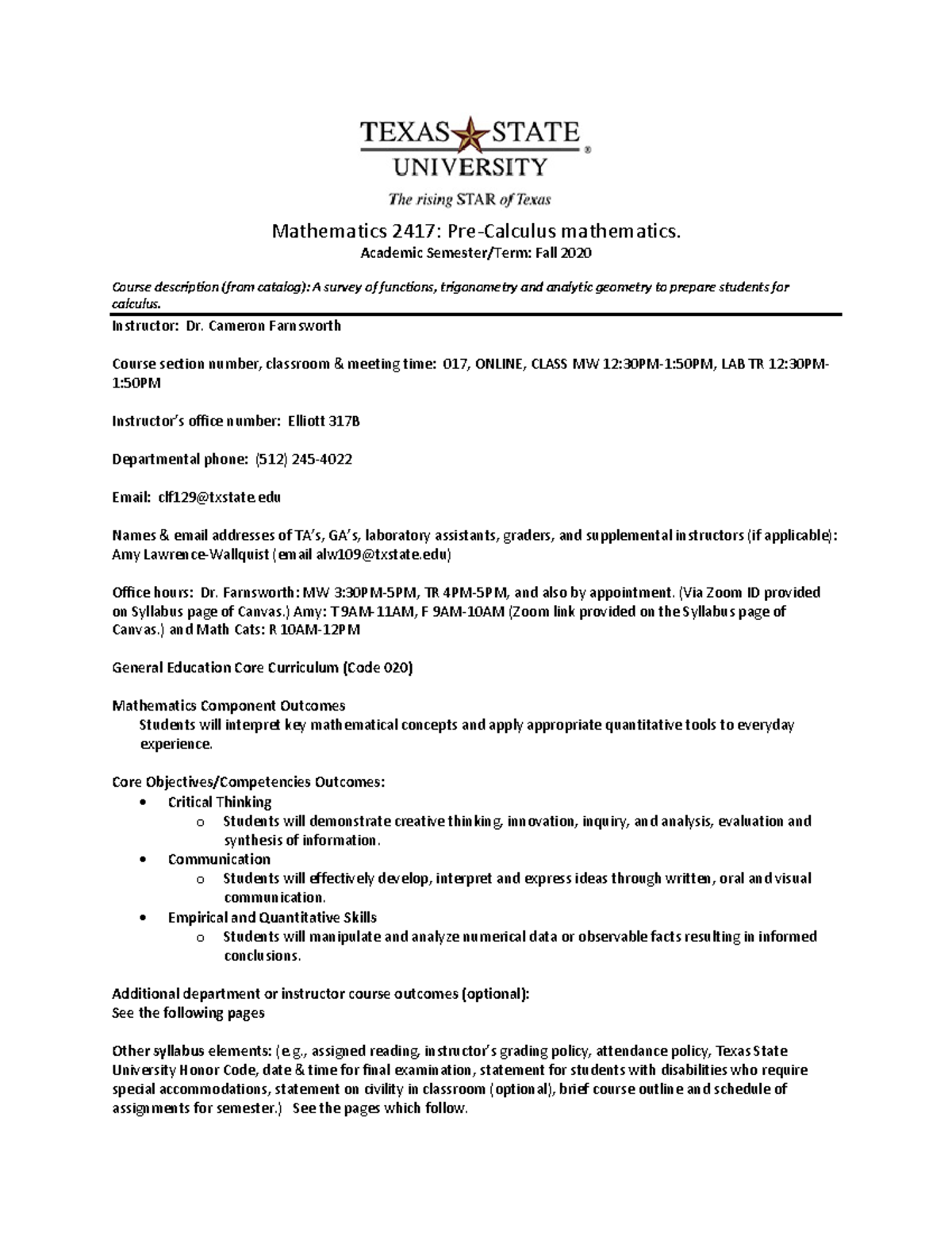 Syllabus - MATH2417 Section 017 Fall 2020 - Mathematics 2417: Pre ...