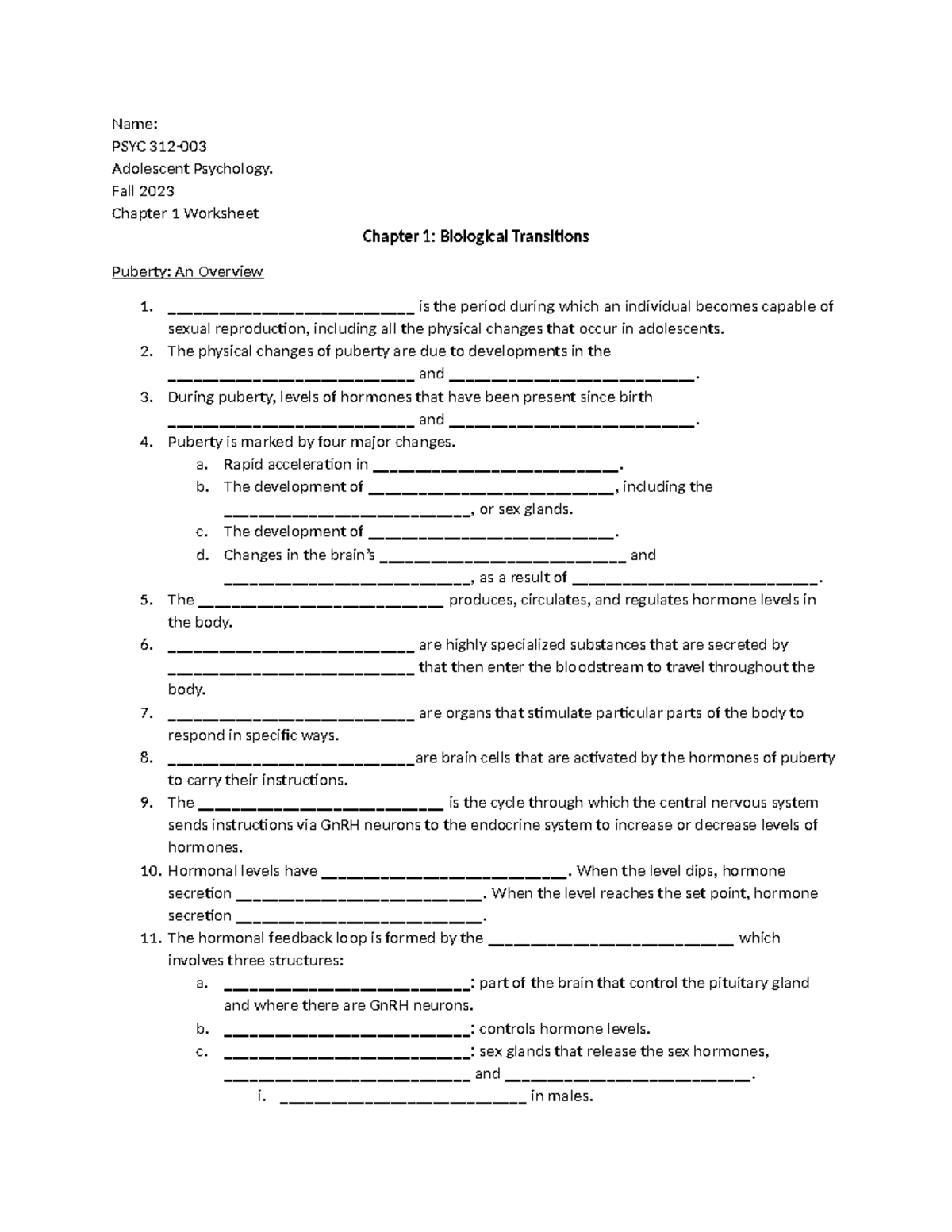 Chapter 1 Worksheet-2 - Psych - Name: PSYC 312- Adolescent Psychology ...