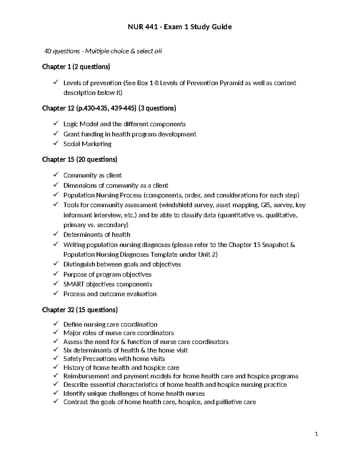 Exam 1 Study Guide SP 2024 - NUR 441 - Exam 1 Study Guide 40 questions ...