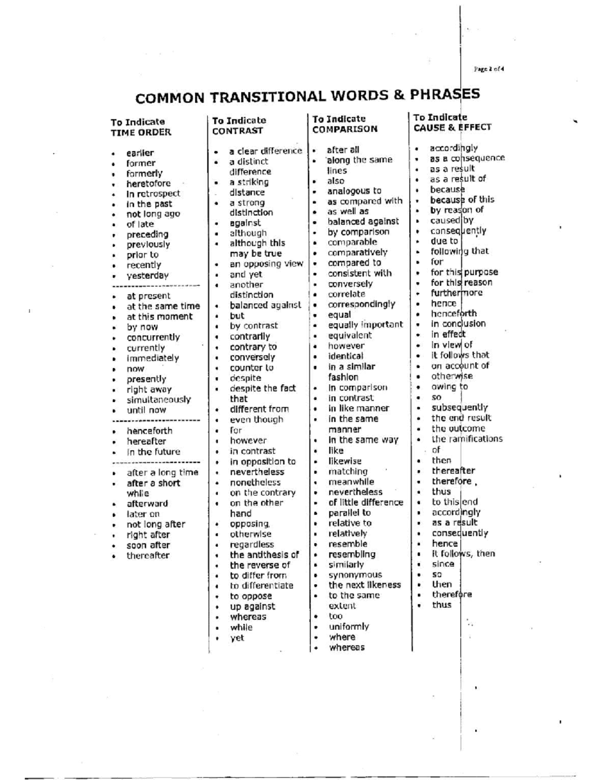 Transition handout - EQT Review - Page 2 of 4 COMMON TRANSITIONAL WORDS PHRASES To Indicate To ...