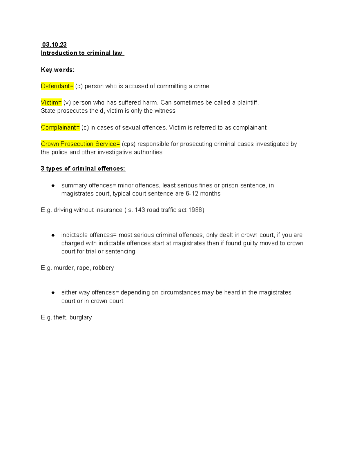 Criminal LAW notes - unit 1-3 - 03. Introduction to criminal law Key ...