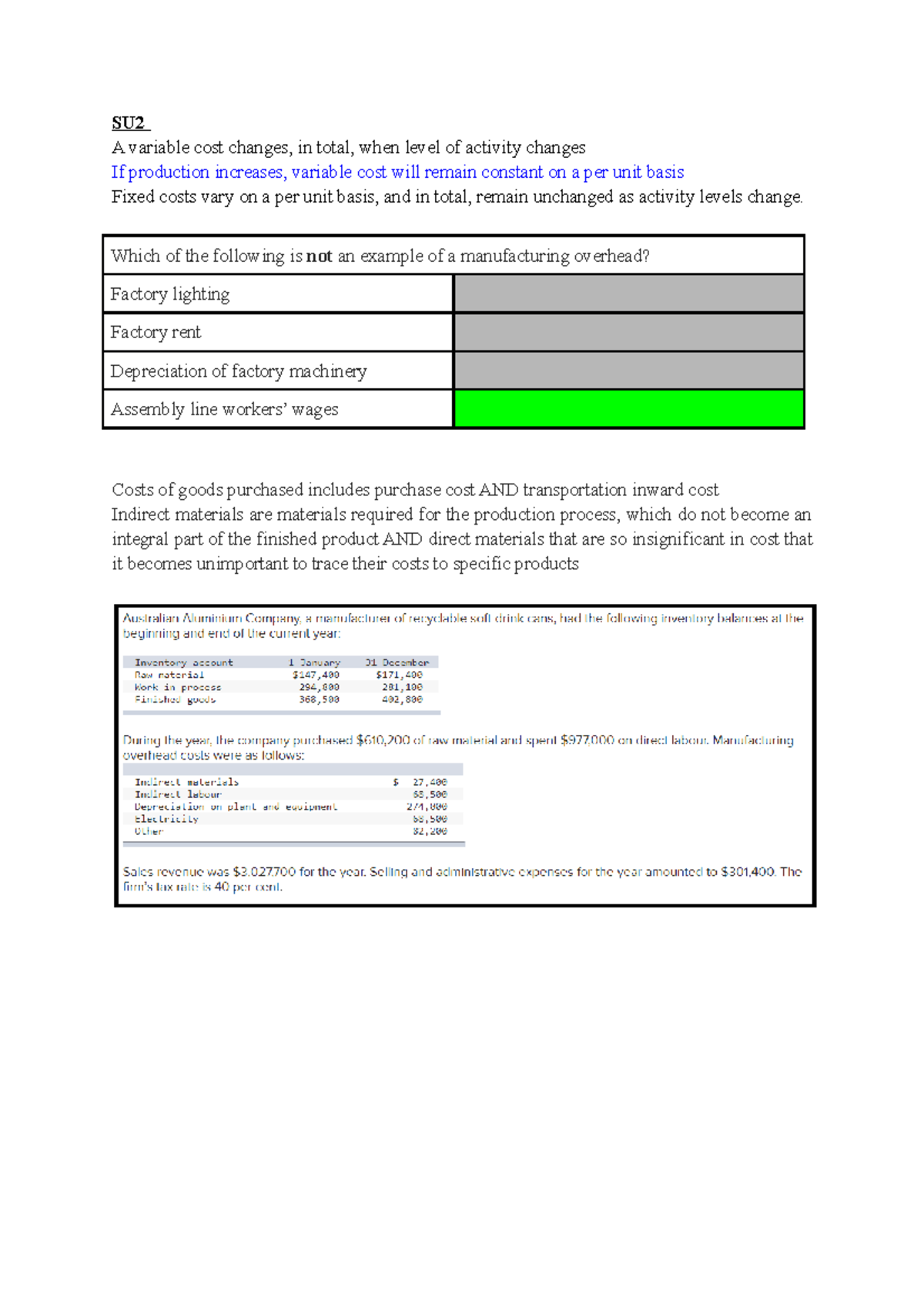 ACC203 Revision 2021 Jan Sem - SU A variable cost changes, in total ...