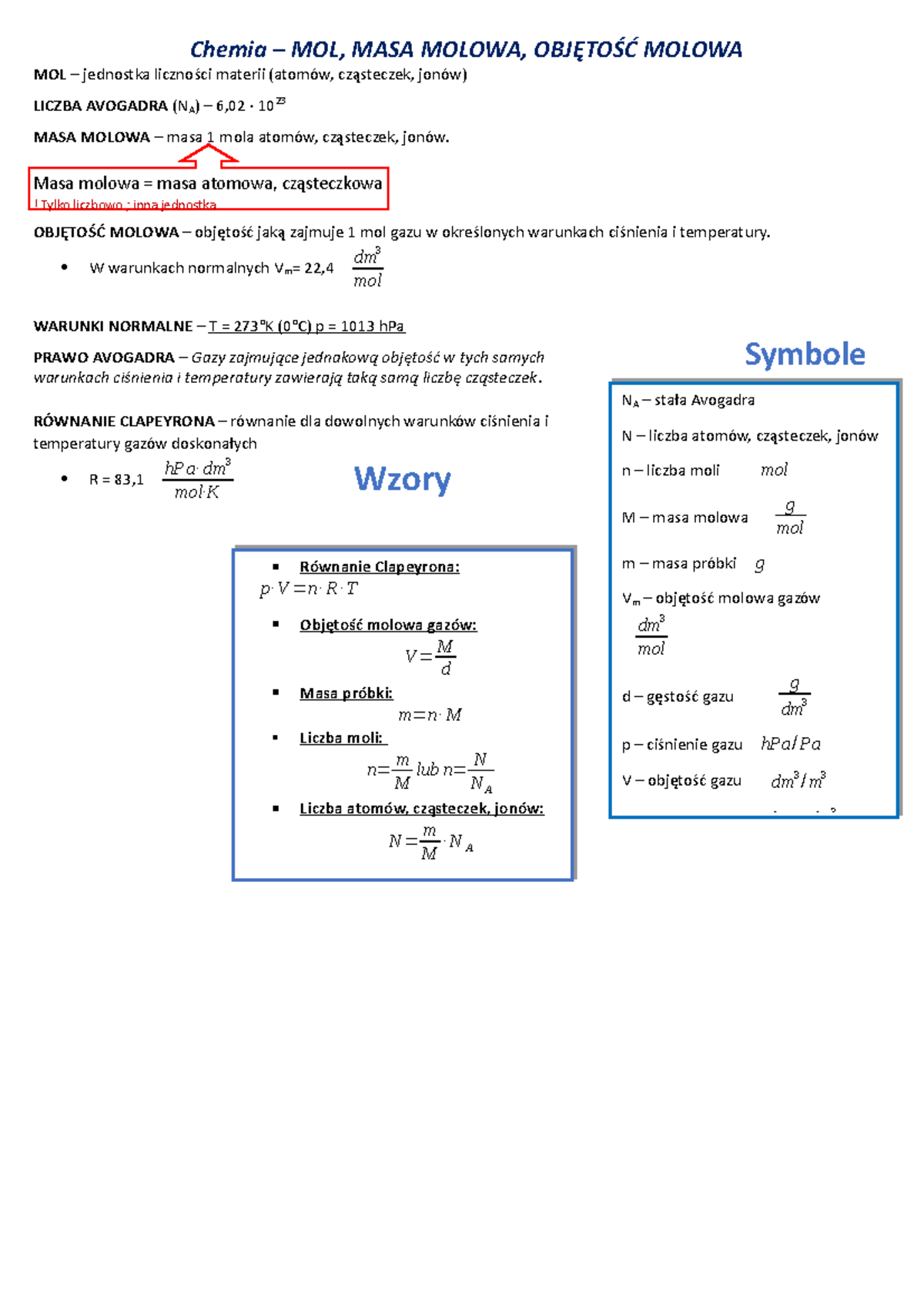 MOL - Notatki z wykładu 2 - Chemia – MOL, MASA MOLOWA, OBJĘTOŚĆ MOLOWA MOL – jednostka liczności ...