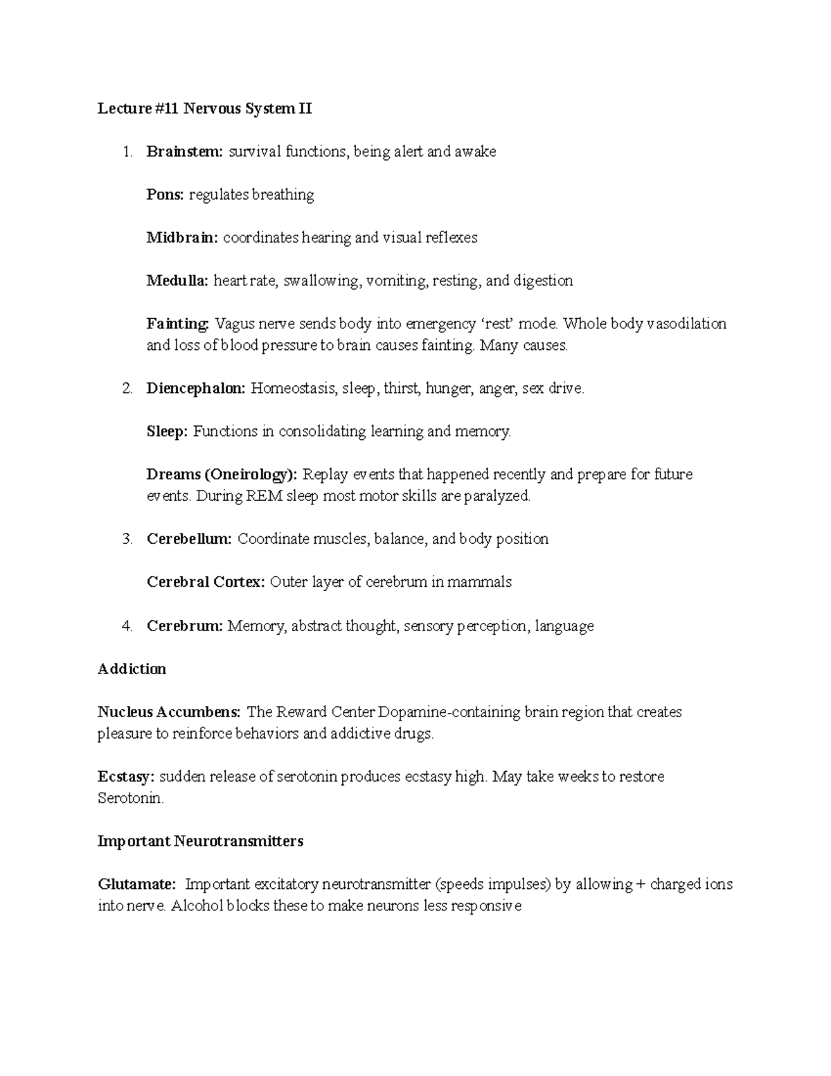 Biol 1102 study guide 11 - Lecture #11 Nervous System II Brainstem ...
