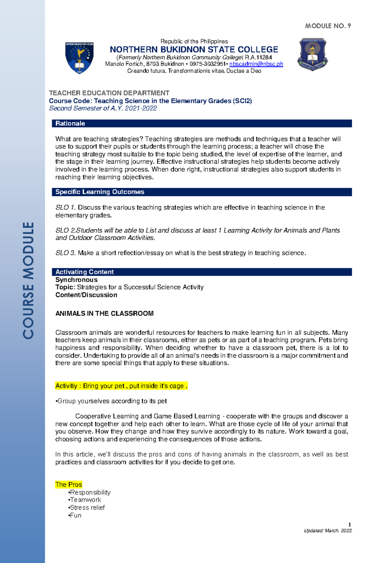 Module 9 Strategies-for-Successful-Science-Activities - 1 COURSE MODULE ...