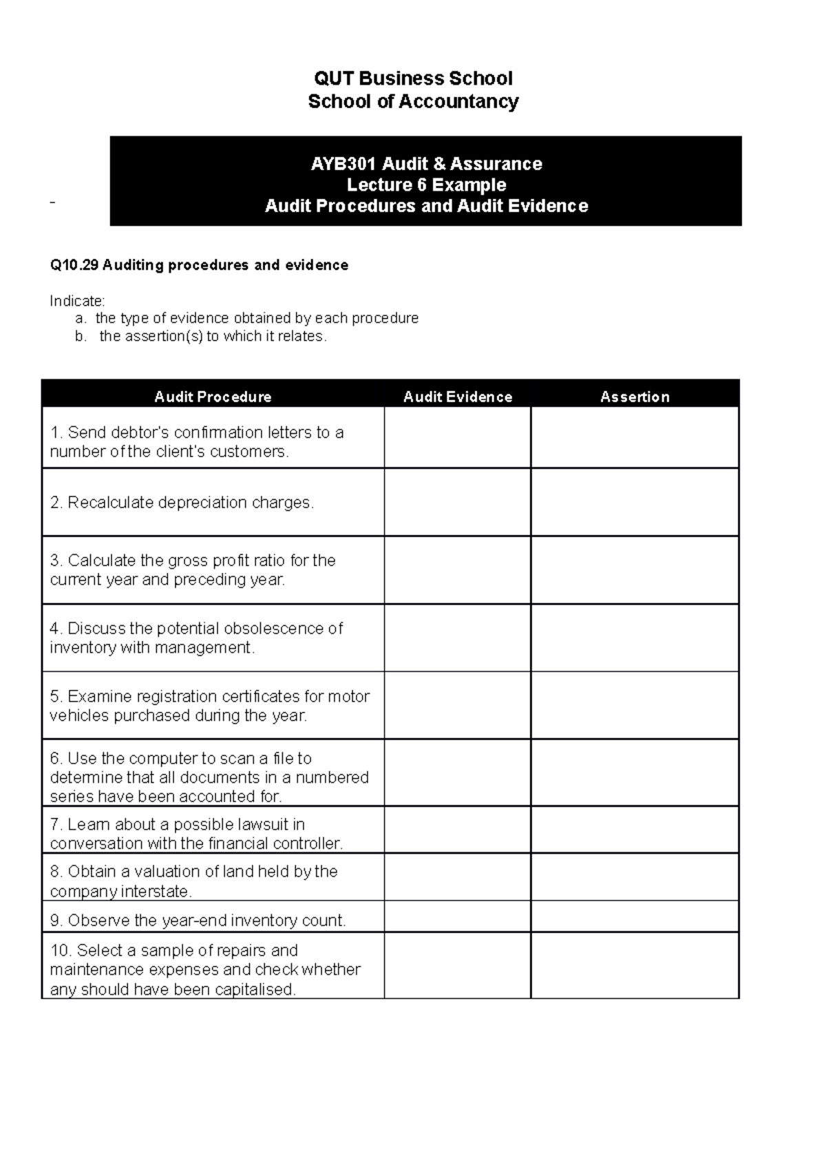 Lecture 6 example - Audit procedures and audit evidence - QUT Business ...