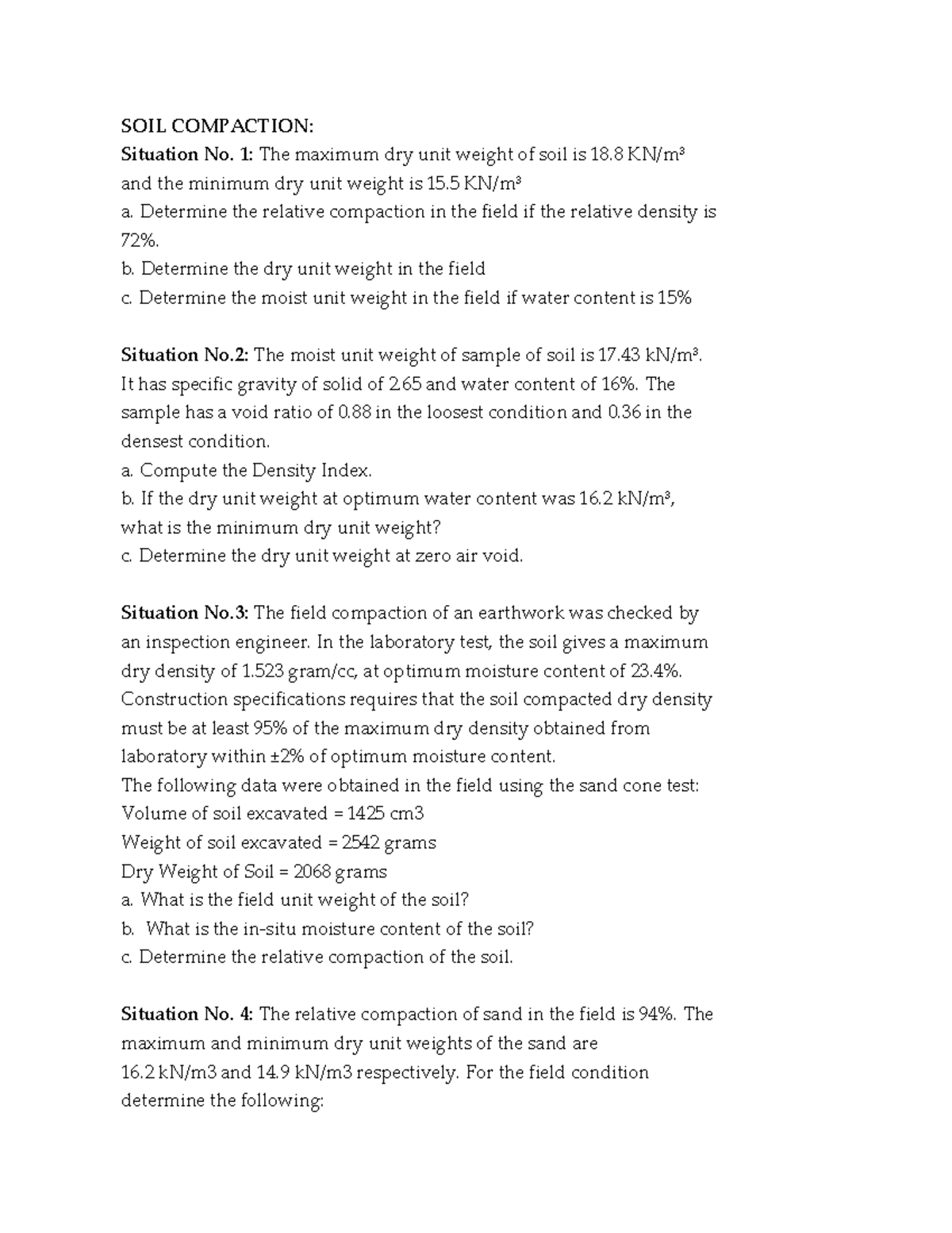 SOIL- Compaction Problem-SET - SOIL COMPACTION: Situation No. 1: The ...