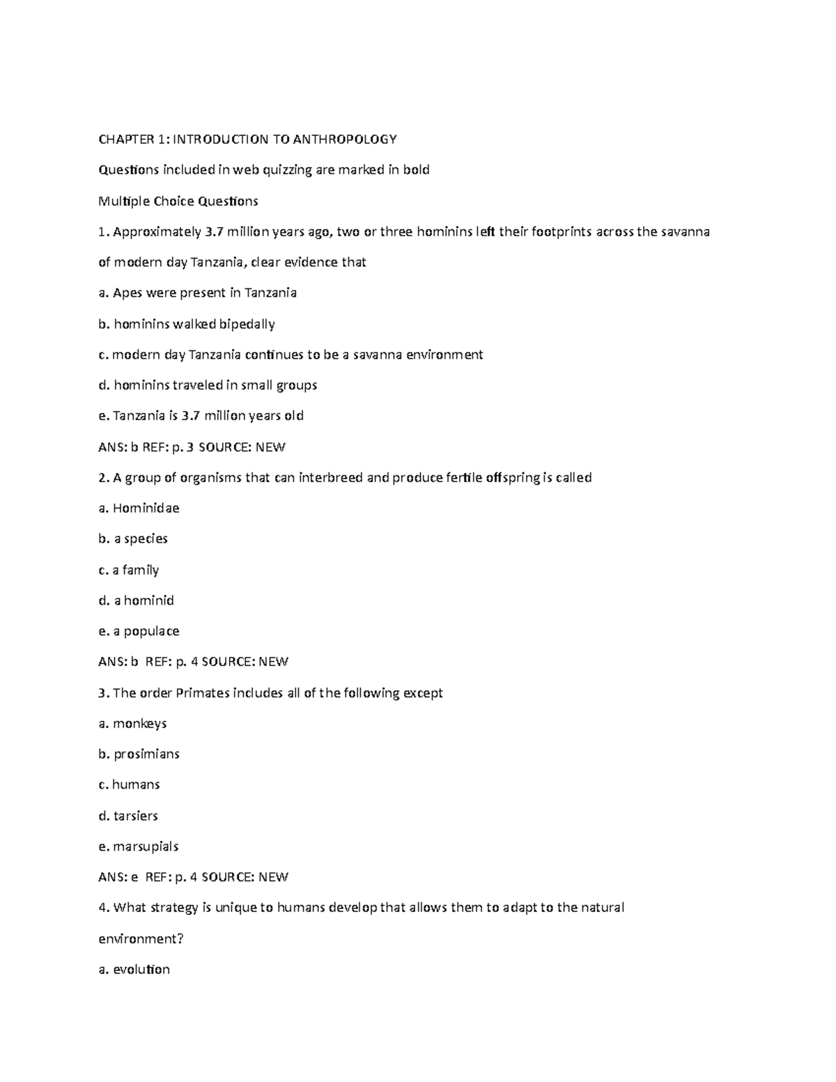 Anthropology Sample qns - CHAPTER 1: INTRODUCTION TO ANTHROPOLOGY ...